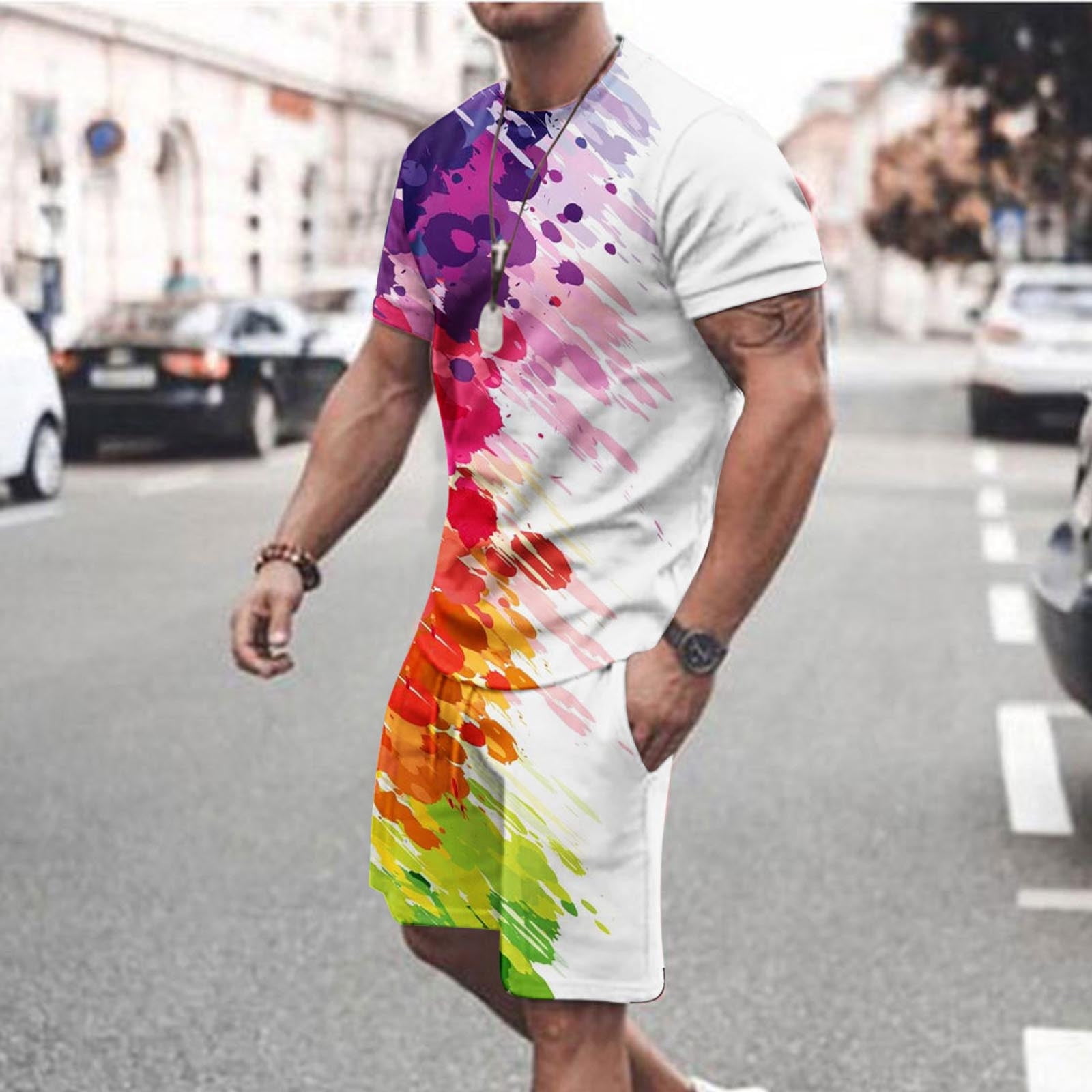 Xysaqa Mens Colorful Printed Short Sets Mens Fashion 2 Piece