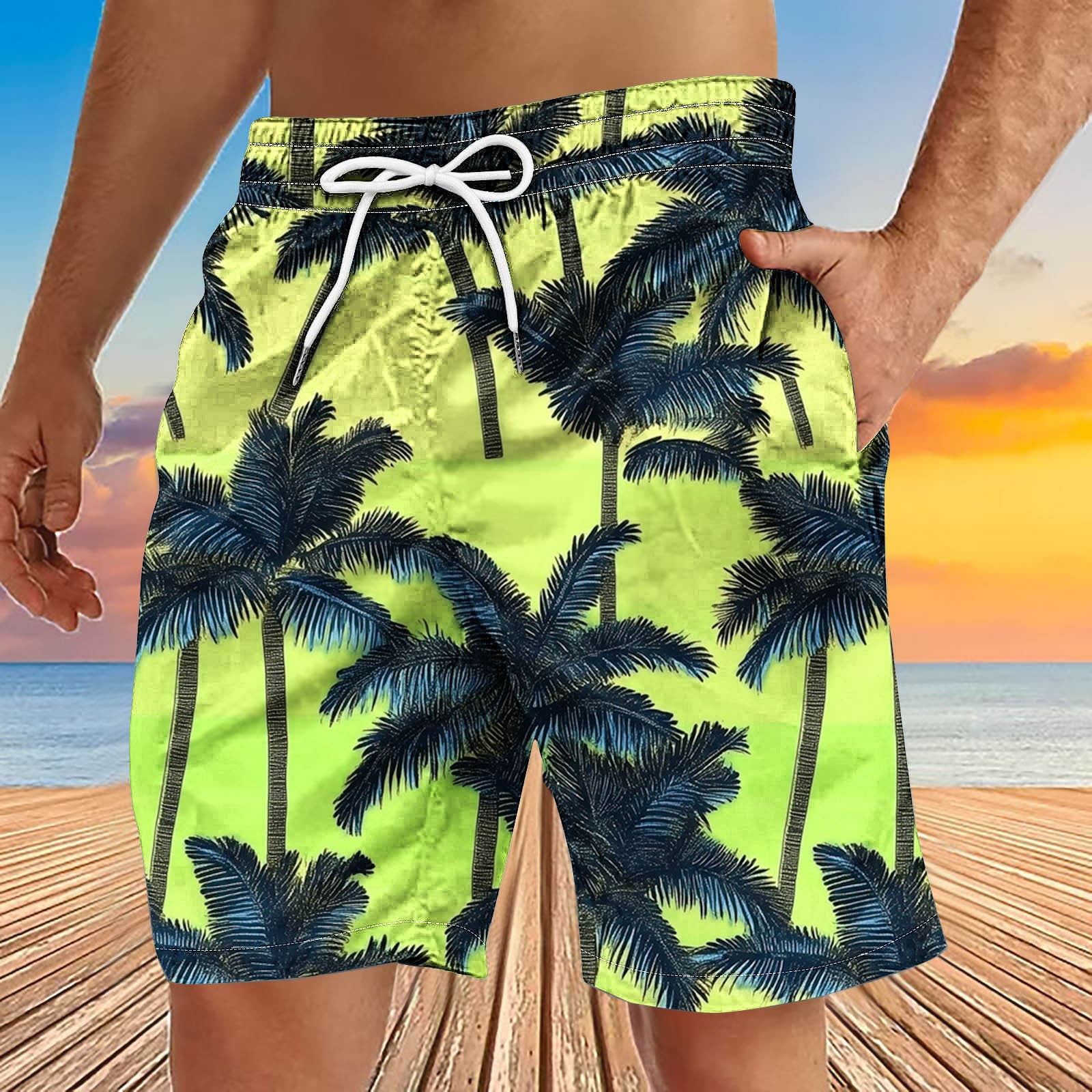 Xysaqa Mens Shorts Big & Tall Tropical Swim Trunks Men Drawstring Elastic Waist Palm Tree ...