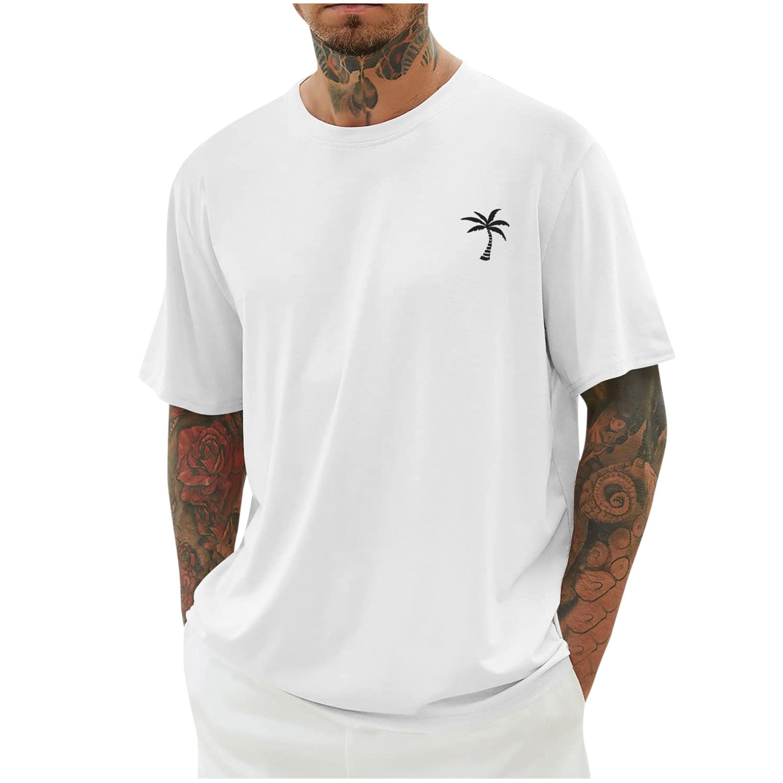 Xysaqa Mens T-Shirts Muscle Shirts for Men Men's Palm Tree Print T-Shirts Short Sleeve Crew Neck ...