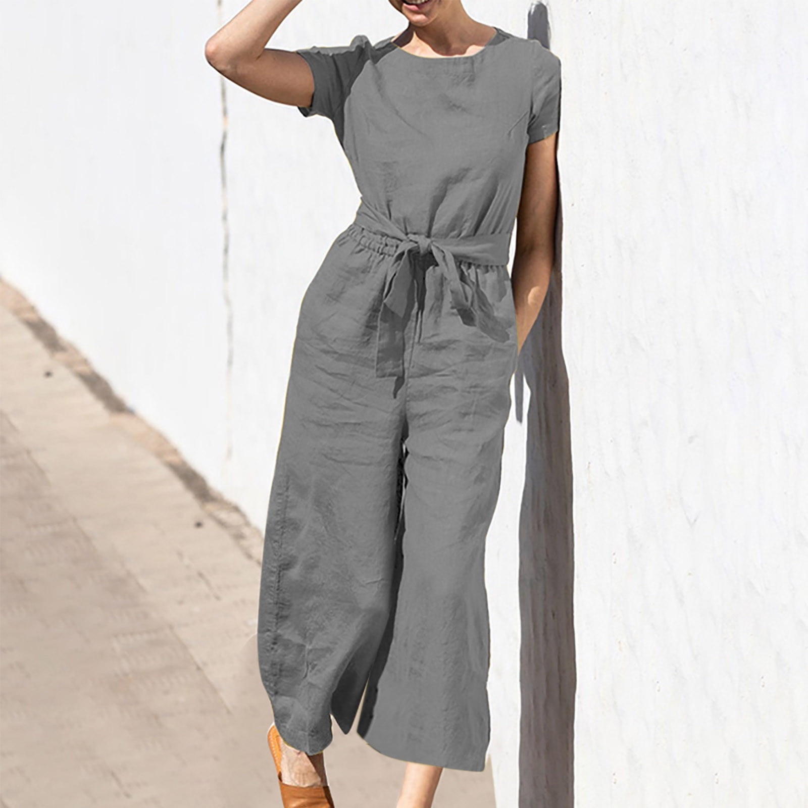 Xysaqa Petites Jumpsuits for Women, Womens Casual Short Sleeve Linen ...