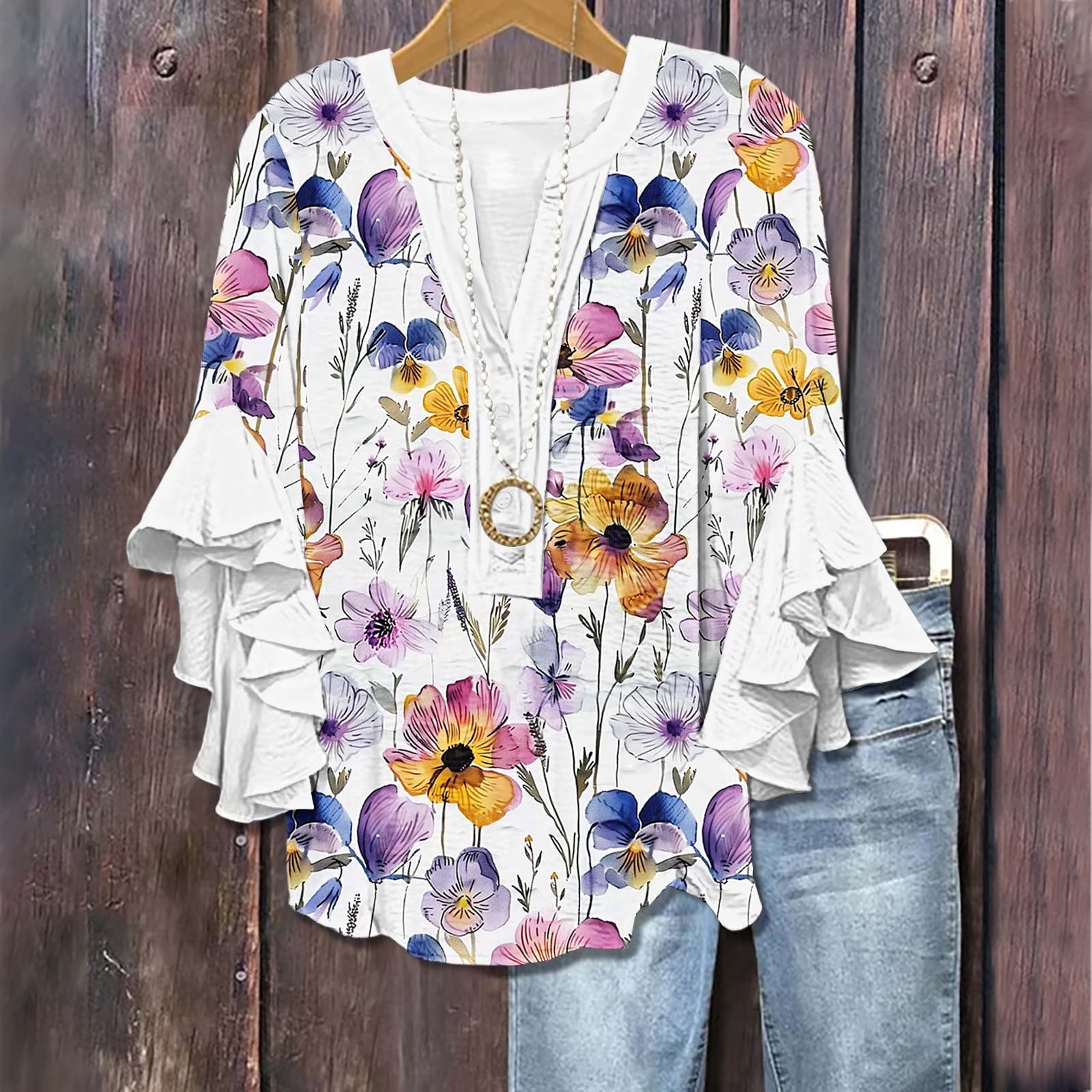 Xysaqa Ruffle 3/4 Sleeve Tops for Women Dressy Casual Business Work Blouses V Neck Boho Floral ...