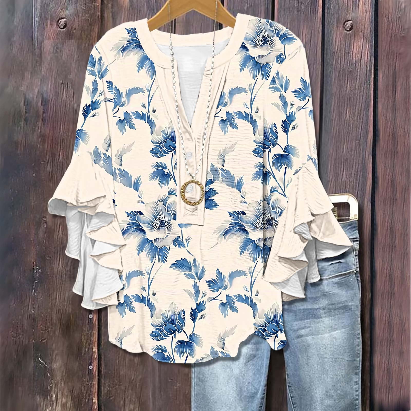 Xysaqa Ruffle 3/4 Sleeve Tops for Women Dressy Casual Business Work Blouses V Neck Boho Floral ...