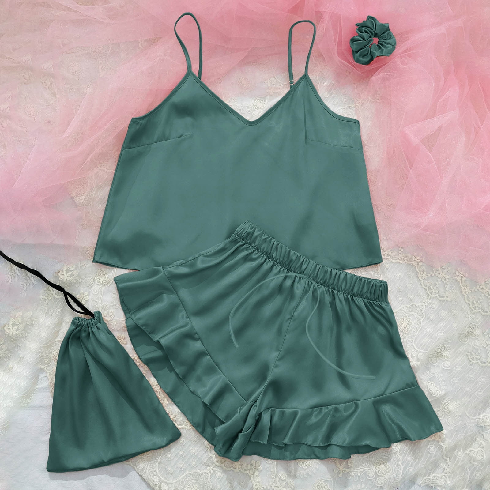 Xysaqa Women 3Piece Silk Pajamas Set Short Women Pjs Satin Cami Shorts ...