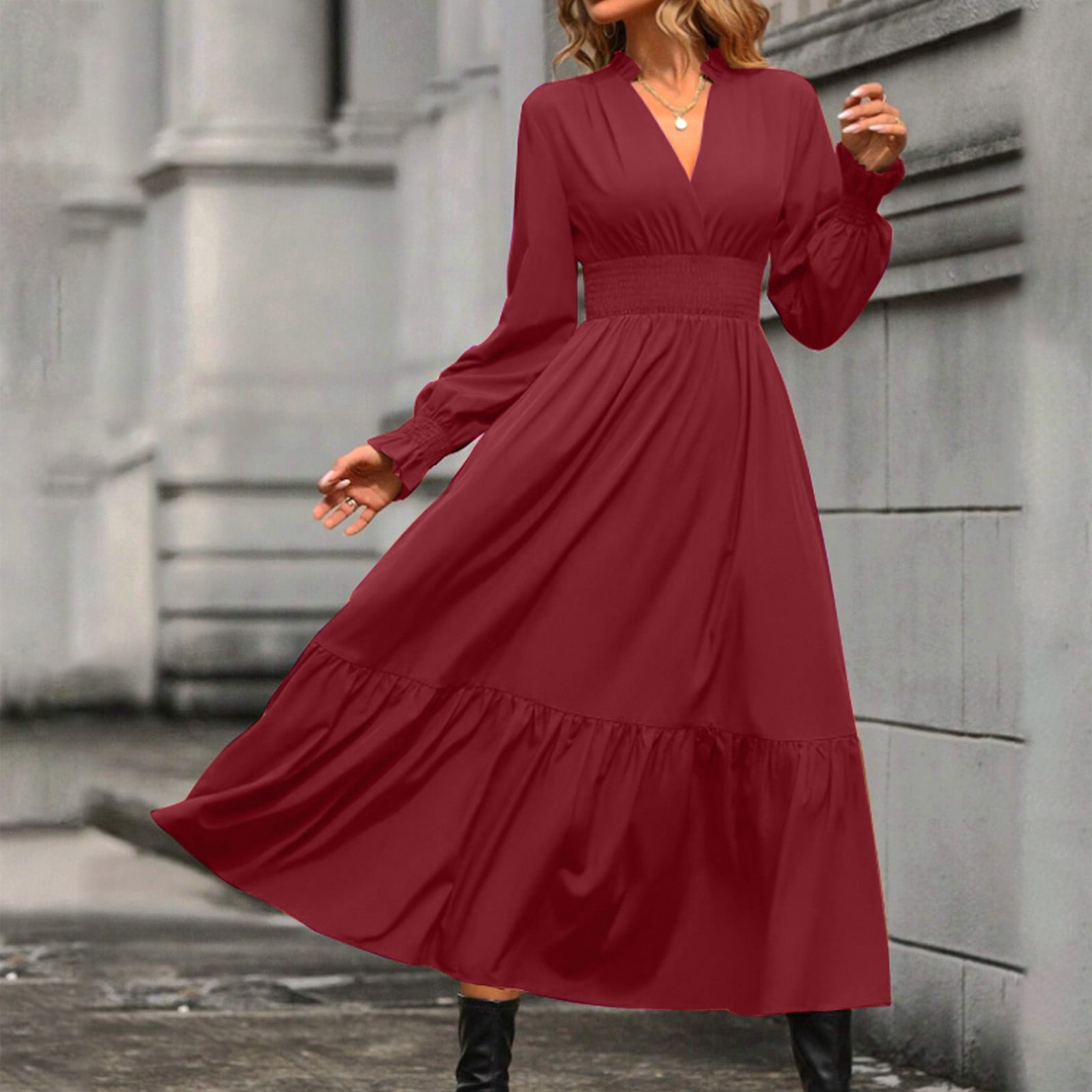 Xysaqa Women Casual Long Sleeve V Neck Spring Maxi Dress Boho Relaxed