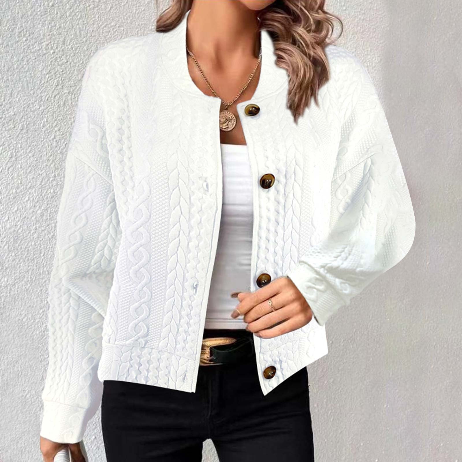 Xysaqa Women Long Sleeve Stand Collar Sweater Cable Knit Cardigan Short ...