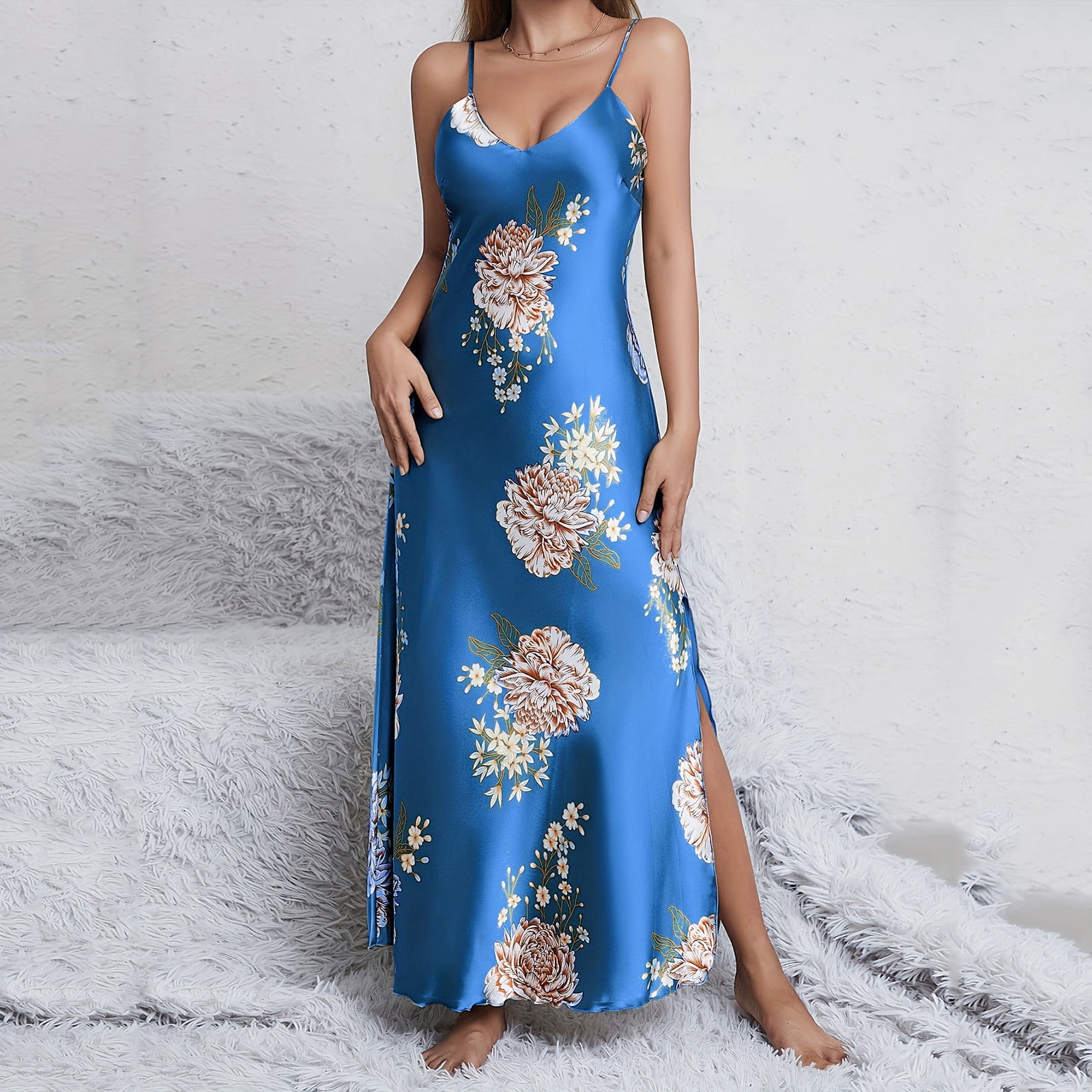 Xysaqa Women Sexy Satin Nightgown Ice Silk Chemise Slip Dress Floral ...