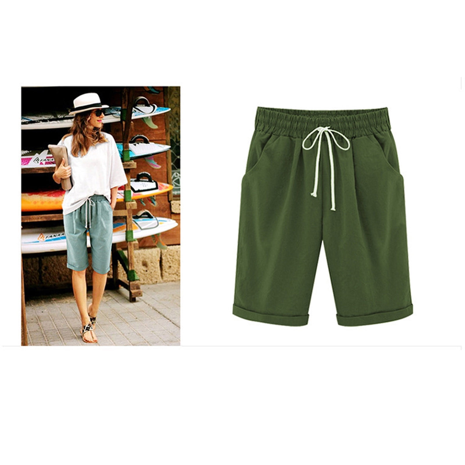 Xysaqa Women's Bermuda Summer Shorts Elastic Waist, Women Long Casual ...
