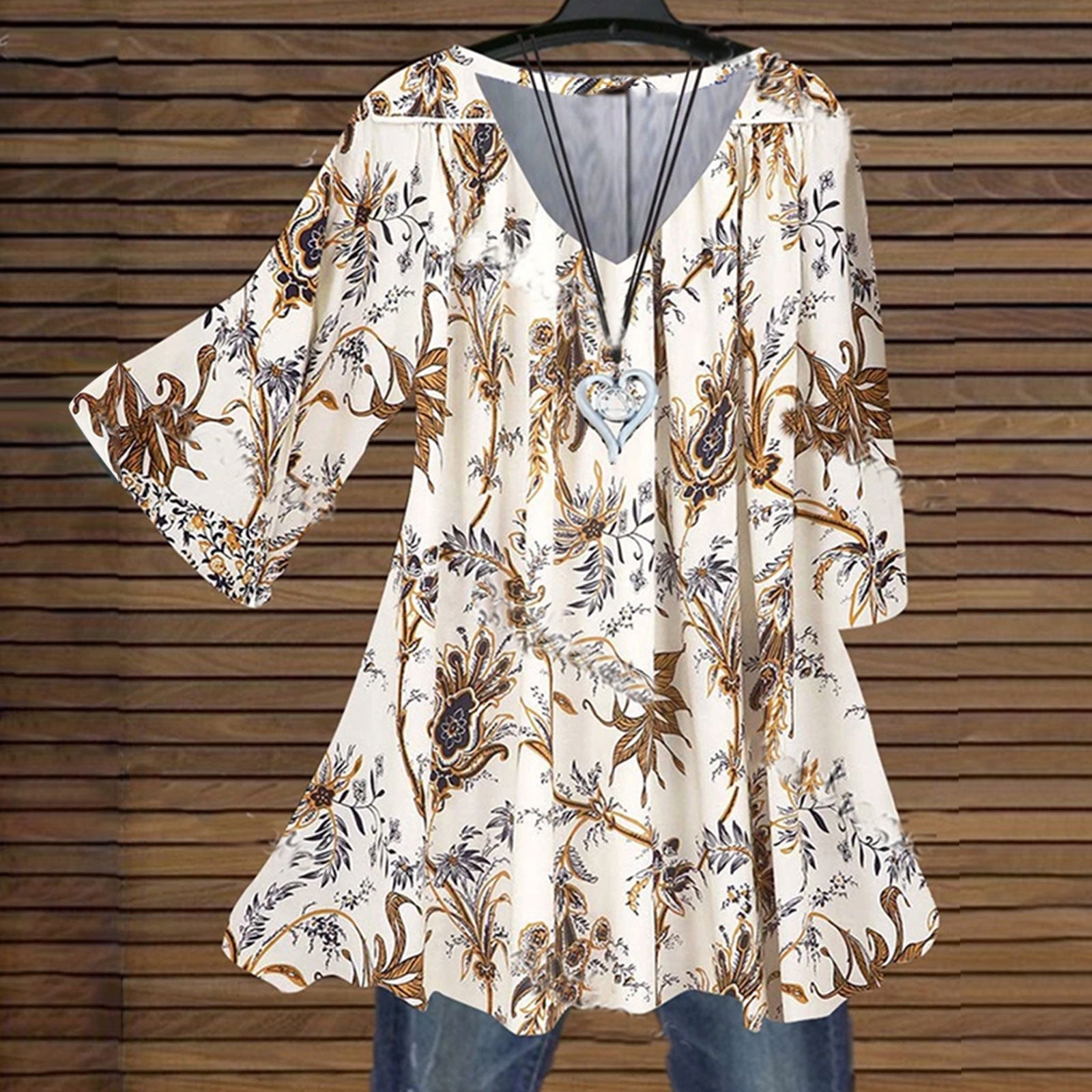 Xysaqa Women's Chiffon 3/4 Sleeve Shirts Vintage Boho Floral Print Tunic Tee Pleated V Neck ...