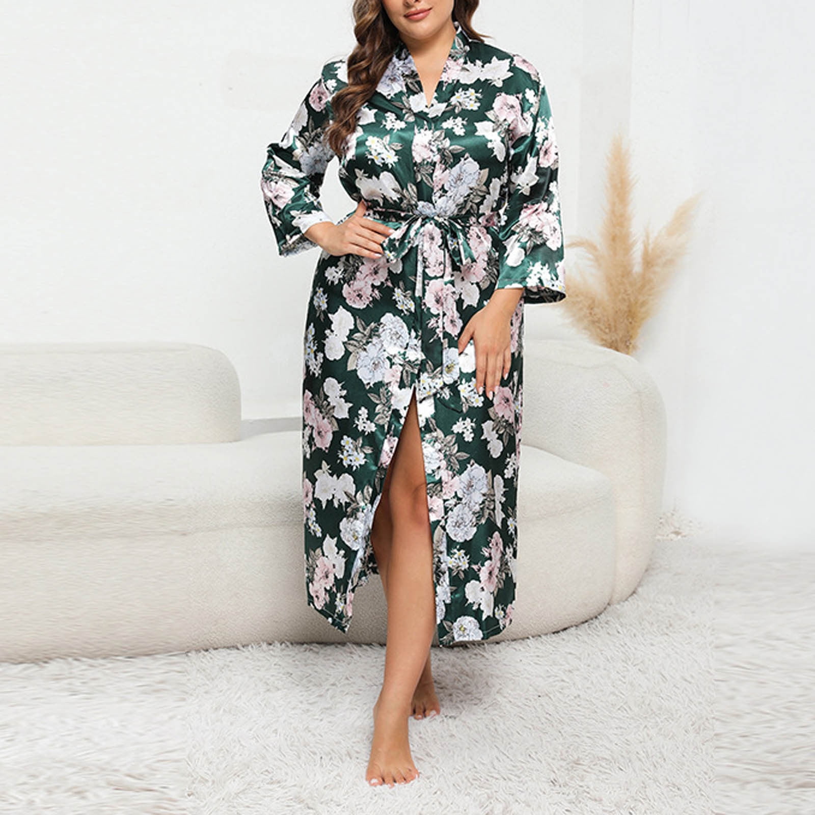 Xysaqa Women's Floral Satin Robe Trendy Nightgown Plus Size Long Sleeve ...