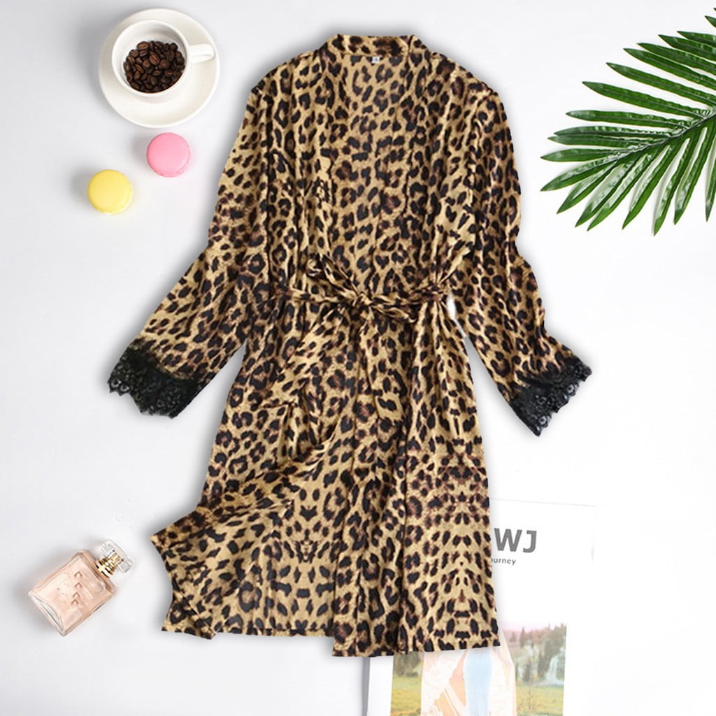 Xysaqa Women's Lace-Trim Silk Robes Sexy Leopard Kimono Satin Bathrobe ...