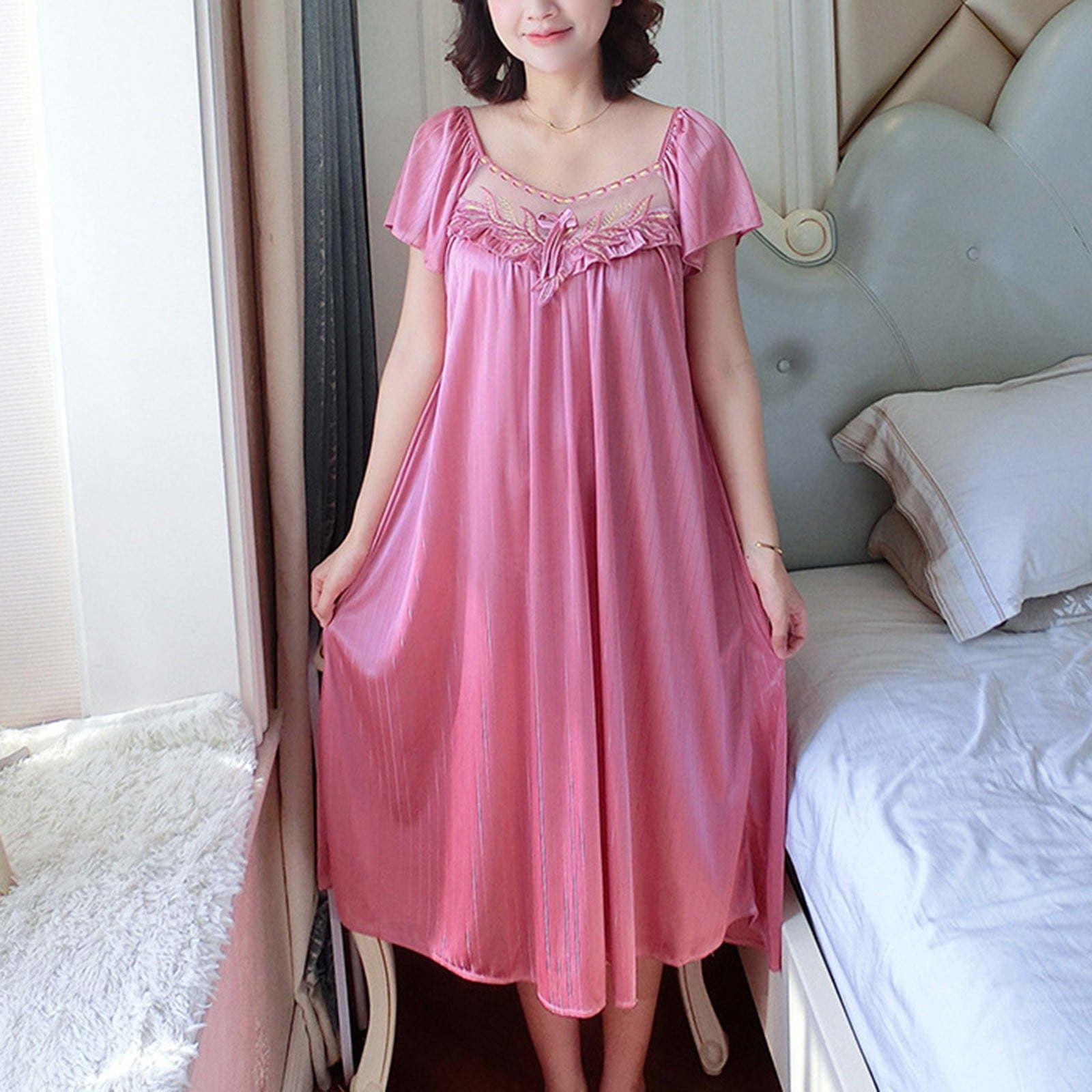 Xysaqa Women's Mesh Ruffled Satin Nightgown Loose Sleepwear Full Slip ...