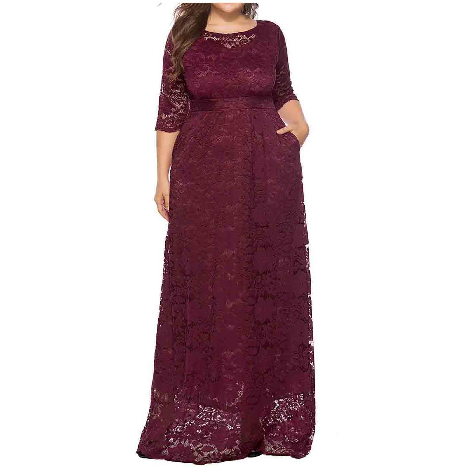 Xysaqa Women's Plus Size Floral Lace 3/4 Sleeve Maxi Dress Wedding ...