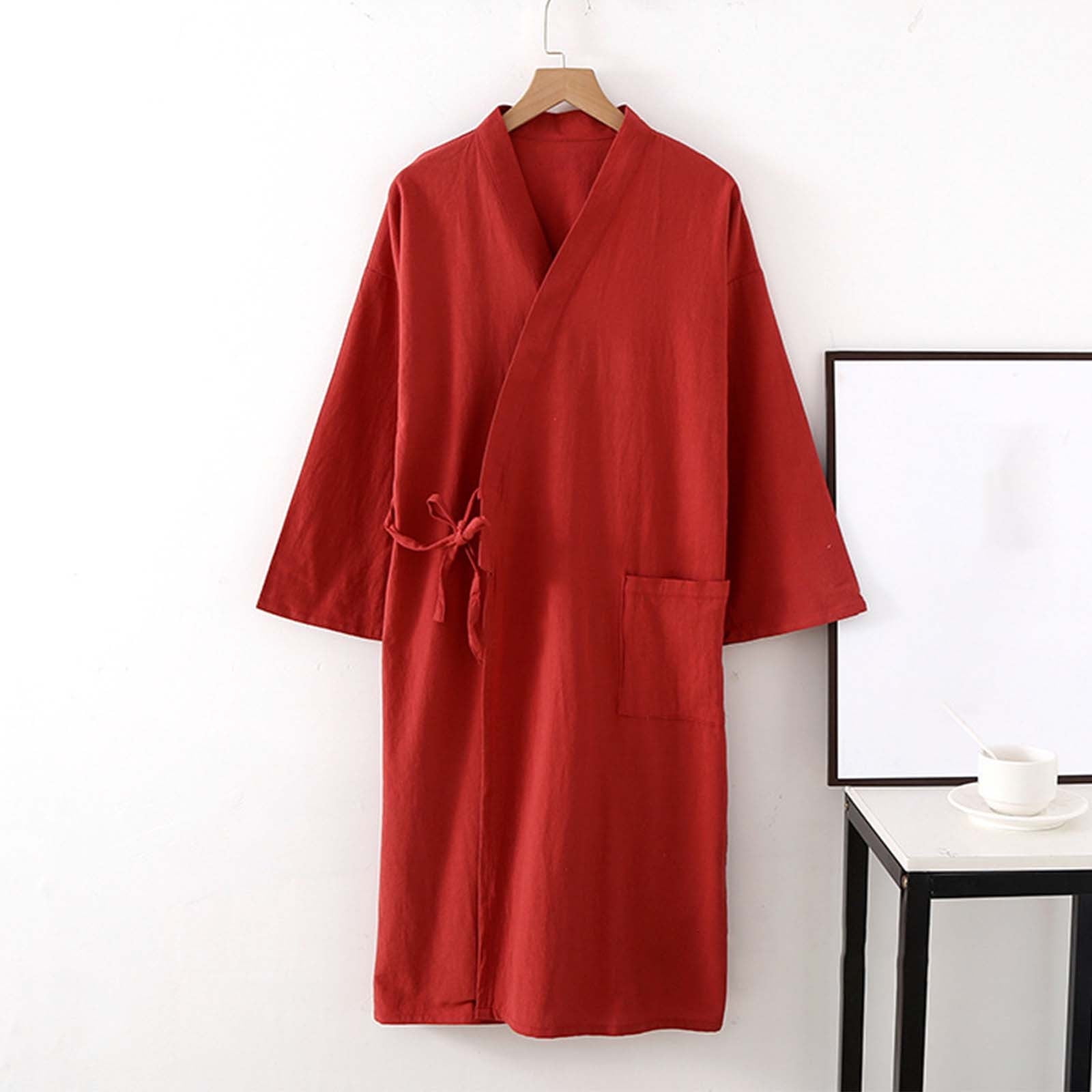 Xysaqa Women's Ramie Cotton Robe 3/4 Sleeve Kimono Nightgown Soft Mid ...