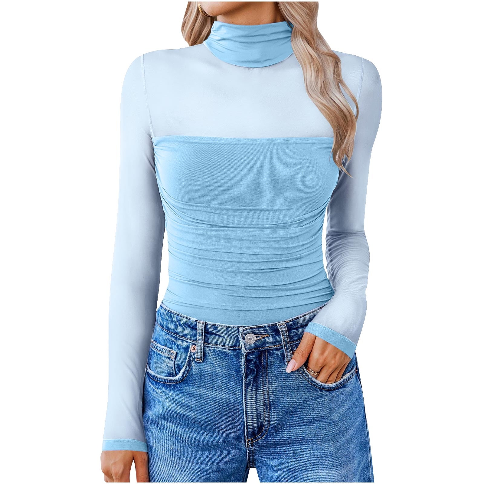 Xysaqa Women's Sexy Sheer Mesh Long Sleeve Shirts Bodysuit Ladies ...