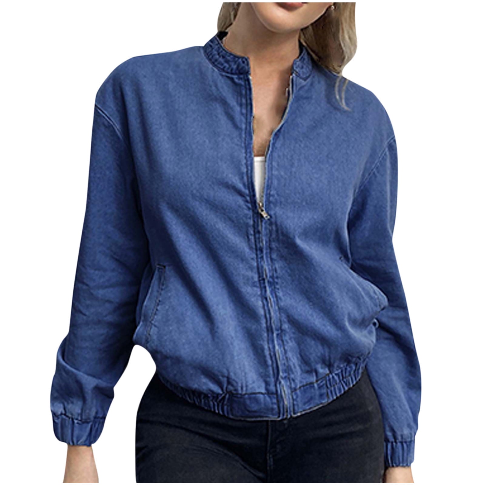 Xysaqa Women's Zip Up Denim Bomber Jacket Crop Coat Fashion Long Sleeve ...