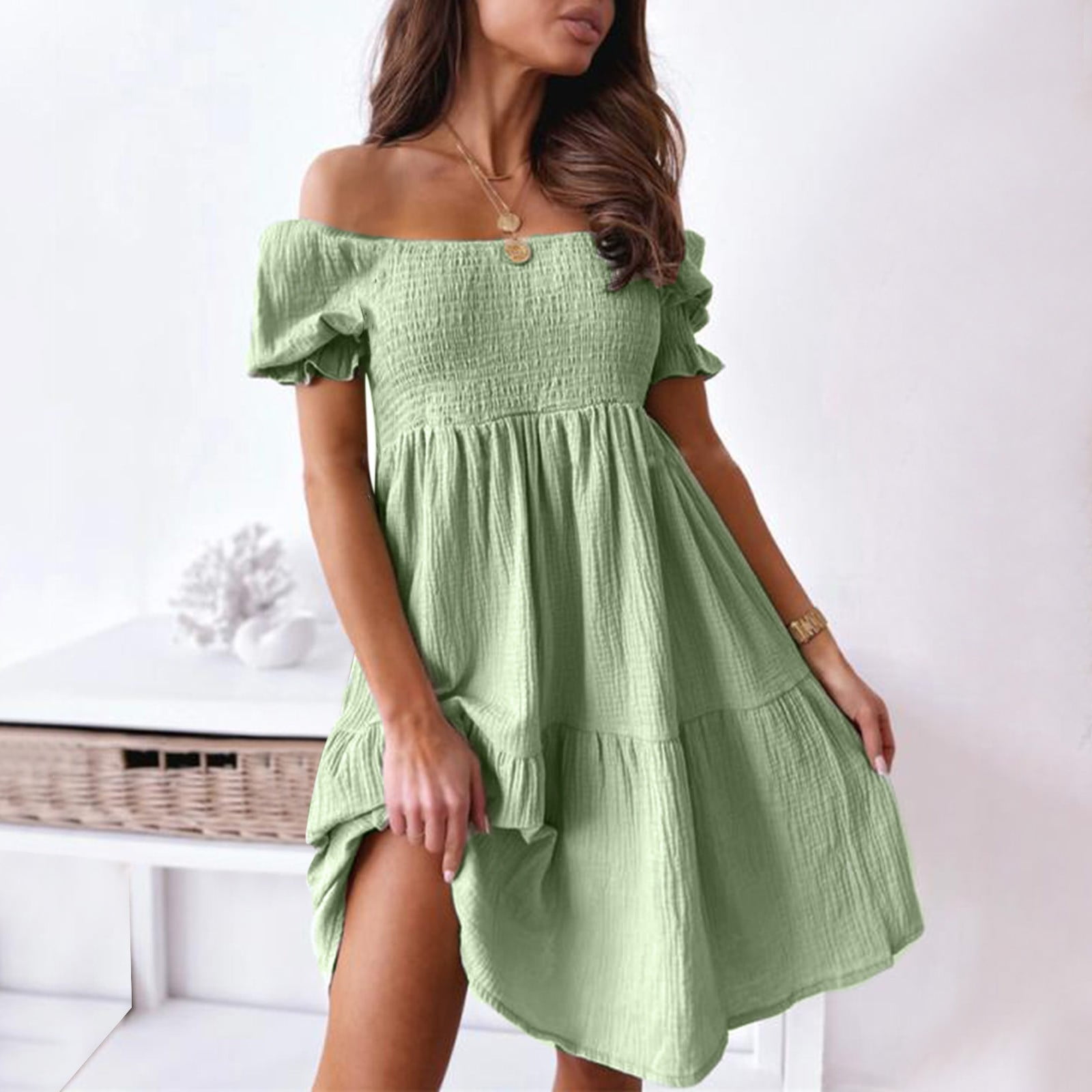 Xysaqa Womens Summer Casual Off Shoulder Sundresses Smocked Tiered