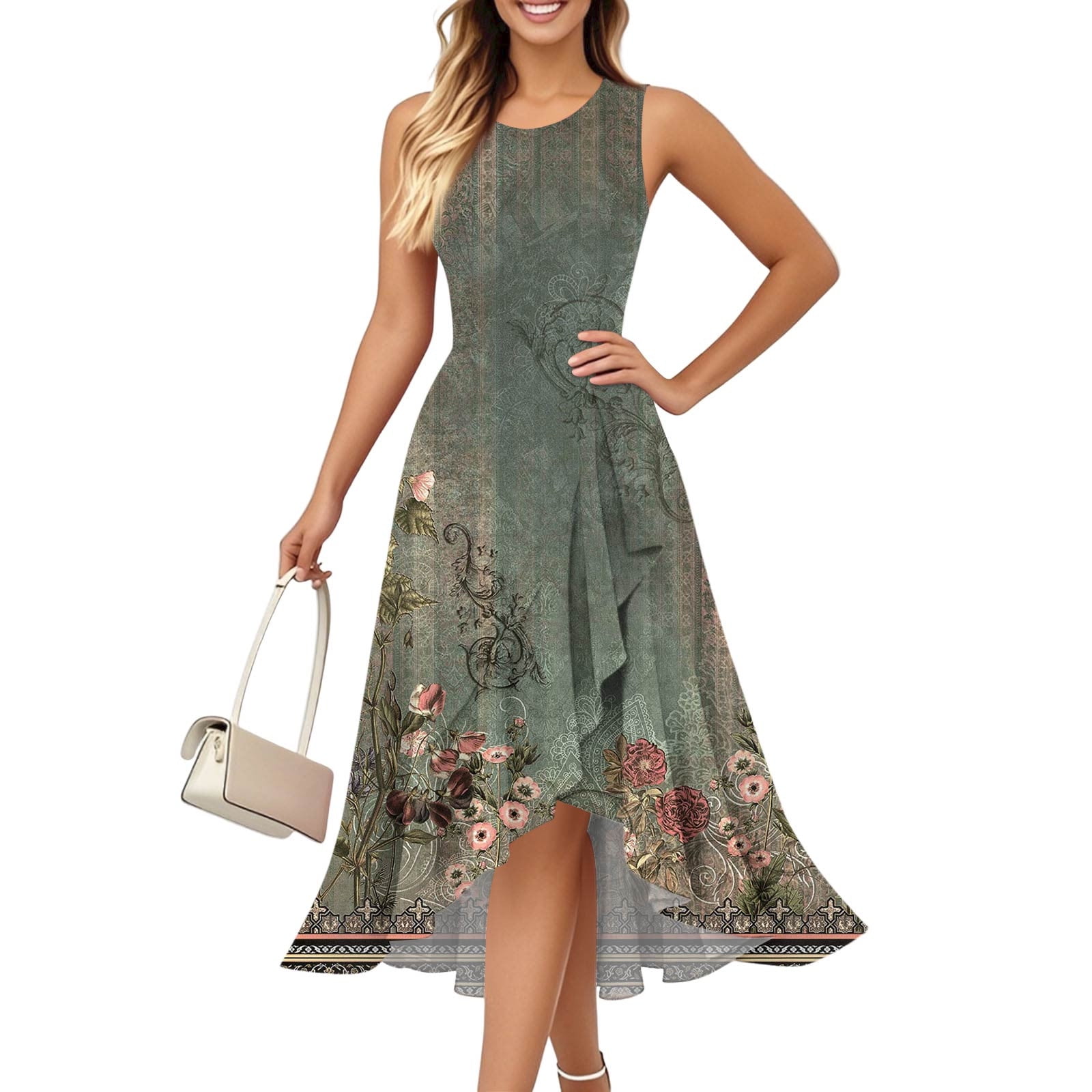 Xyxonk American Flag Dress Women Ruffled Sleeveless Floral Printed 4th Of July Patriotic Tank ...