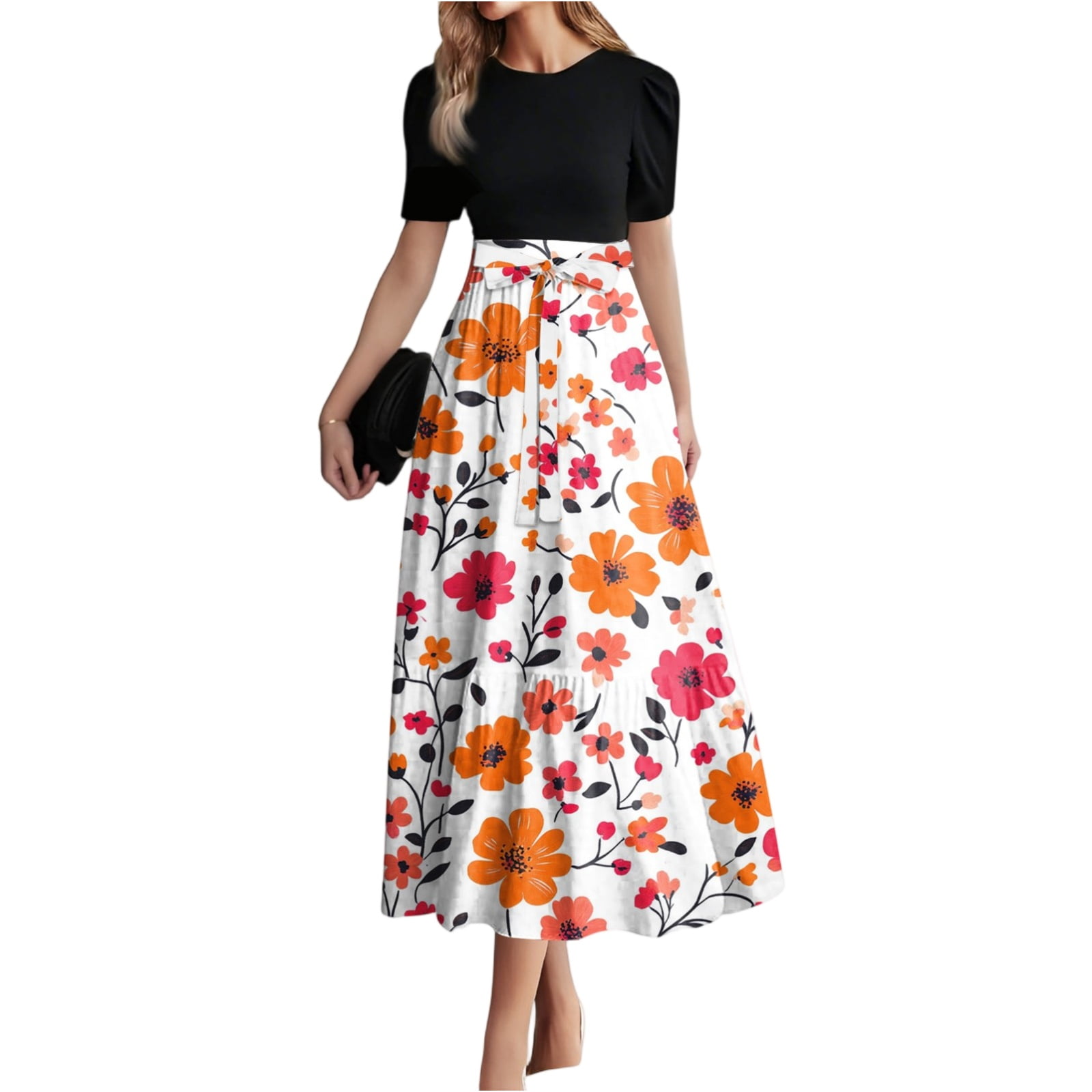 Xyxonk Dresses for Women's Floral Printed Belt Dress Formal Workout ...