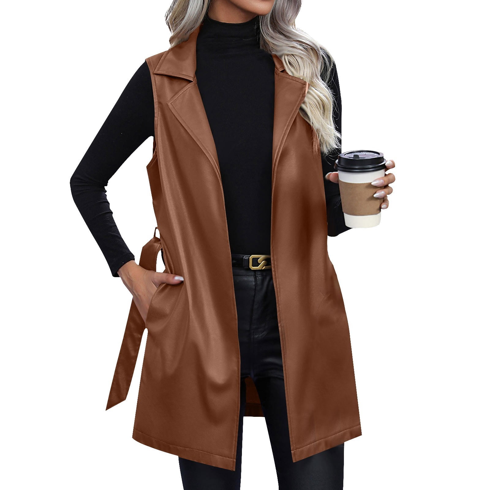 Xyxonk Faux Leather Long Vest for Women Sleeveless Lapel Open Front ...