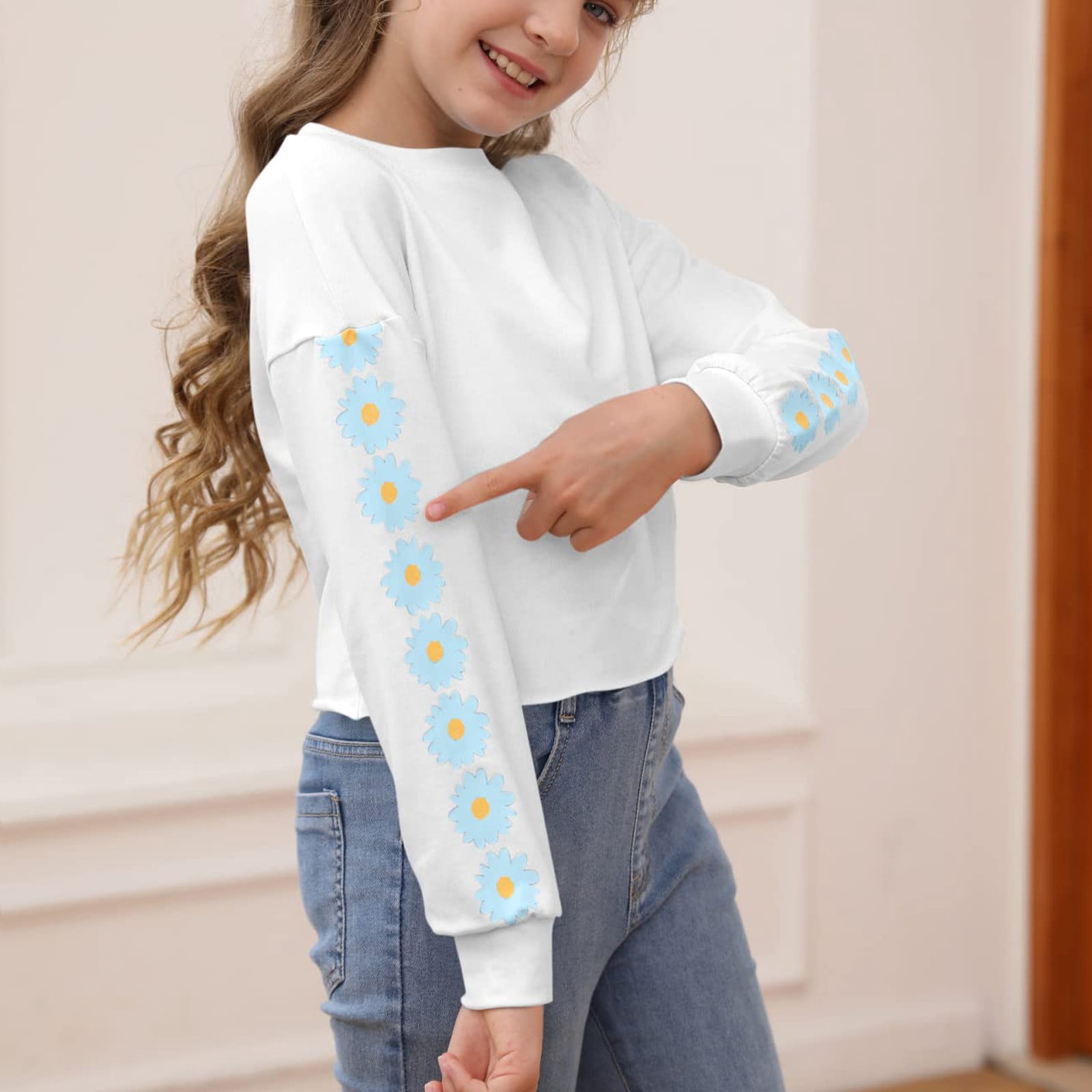 Xyxonk Girls Long Sleeve Shirts Cute Daisy Prints Crop Tops Trendy Size ...