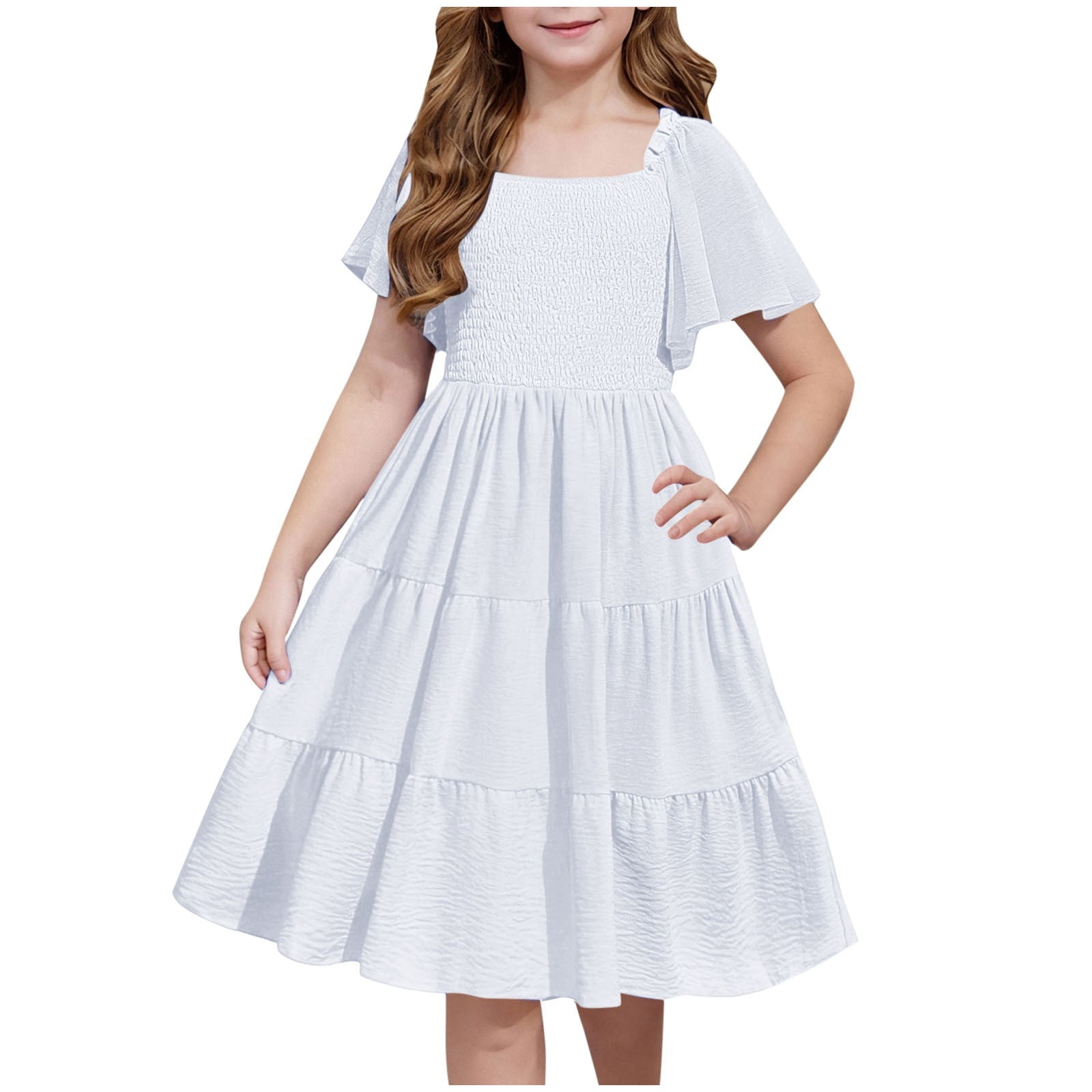 Xyxonk Girls White Dress Ruffle Short Sleeve Smocked Summer Dresses ...