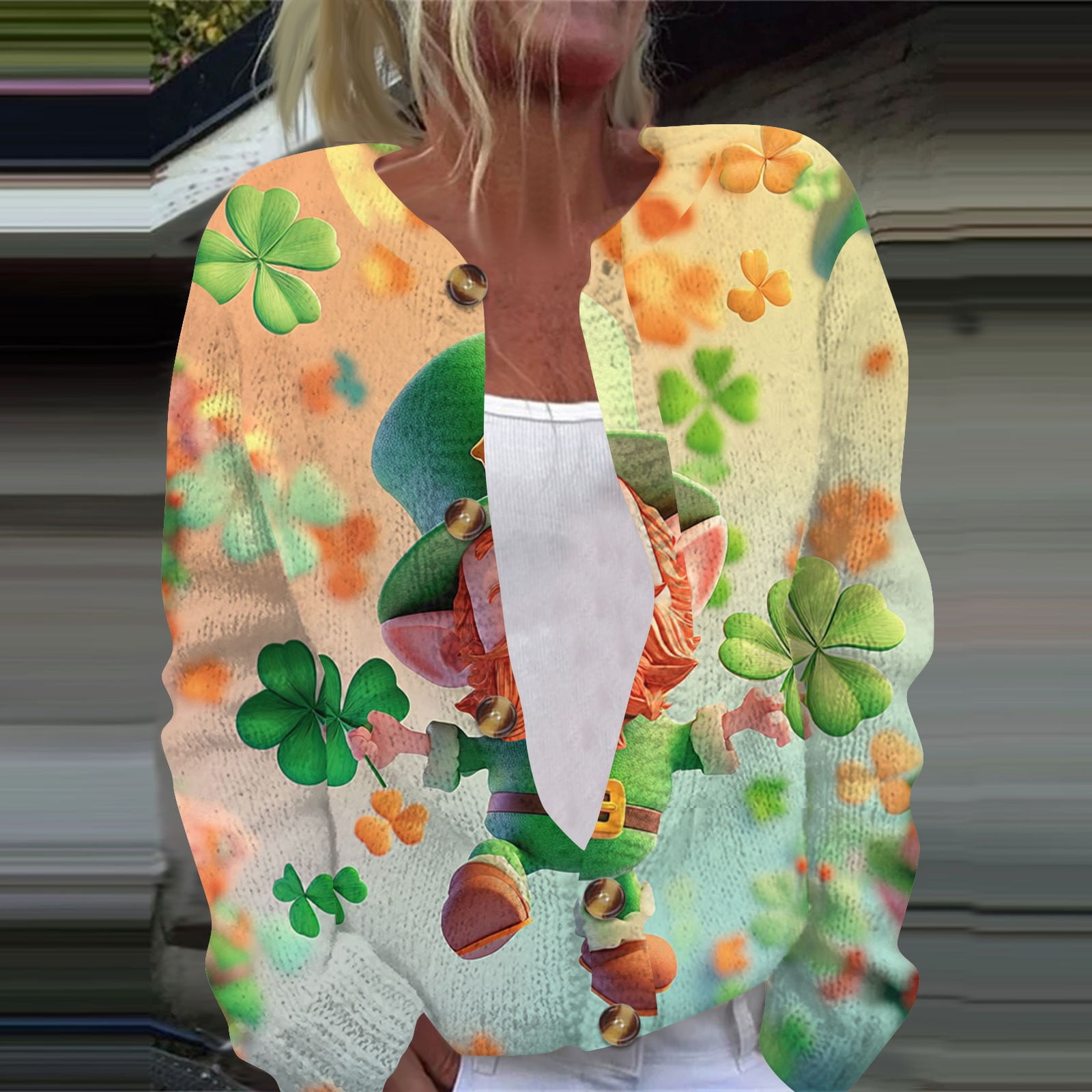 Xyxonk Knit St. Patrick's Day Cardigan for Women Trendy Open Front Cute Shamrock Print Funny ...