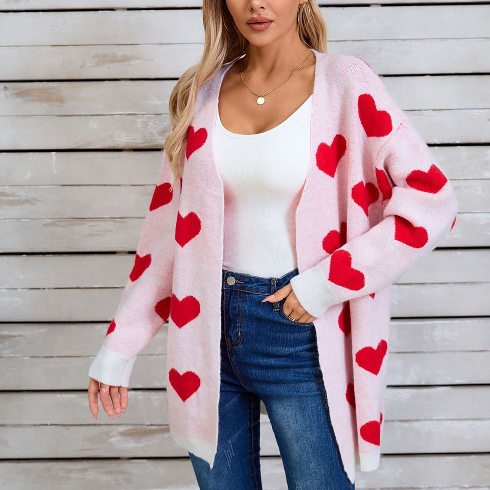 Xyxonk Knit Valentine's Day Cardigan for Women Fashion Open Front Cute Romantic Love Heart Print ...