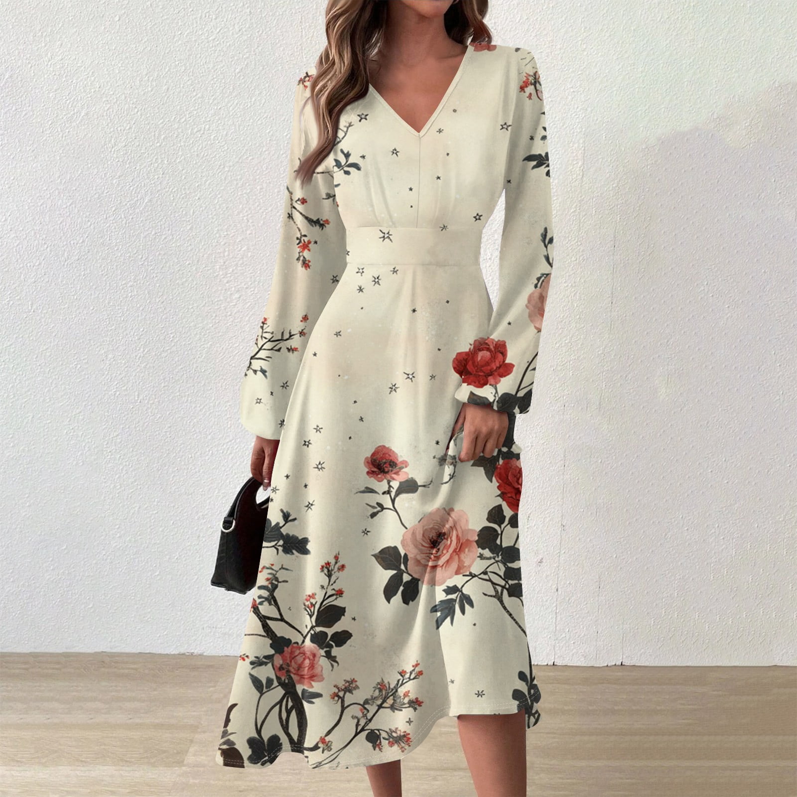 Xyxonk Long Sleeve Dress for Women Casual Floral Print Maxi Dresses ...