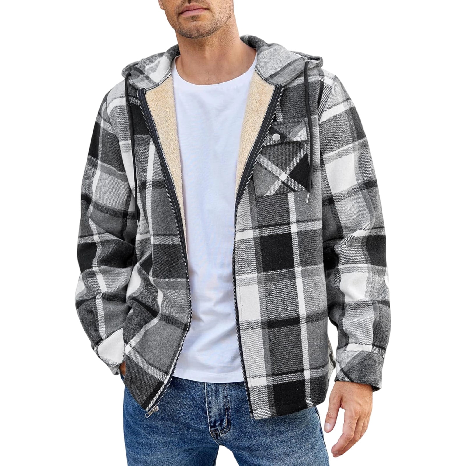 Xyxonk Men's Flannel Fleece Jacket Sherpa Lined Shirt Jacket Plaid Zip ...