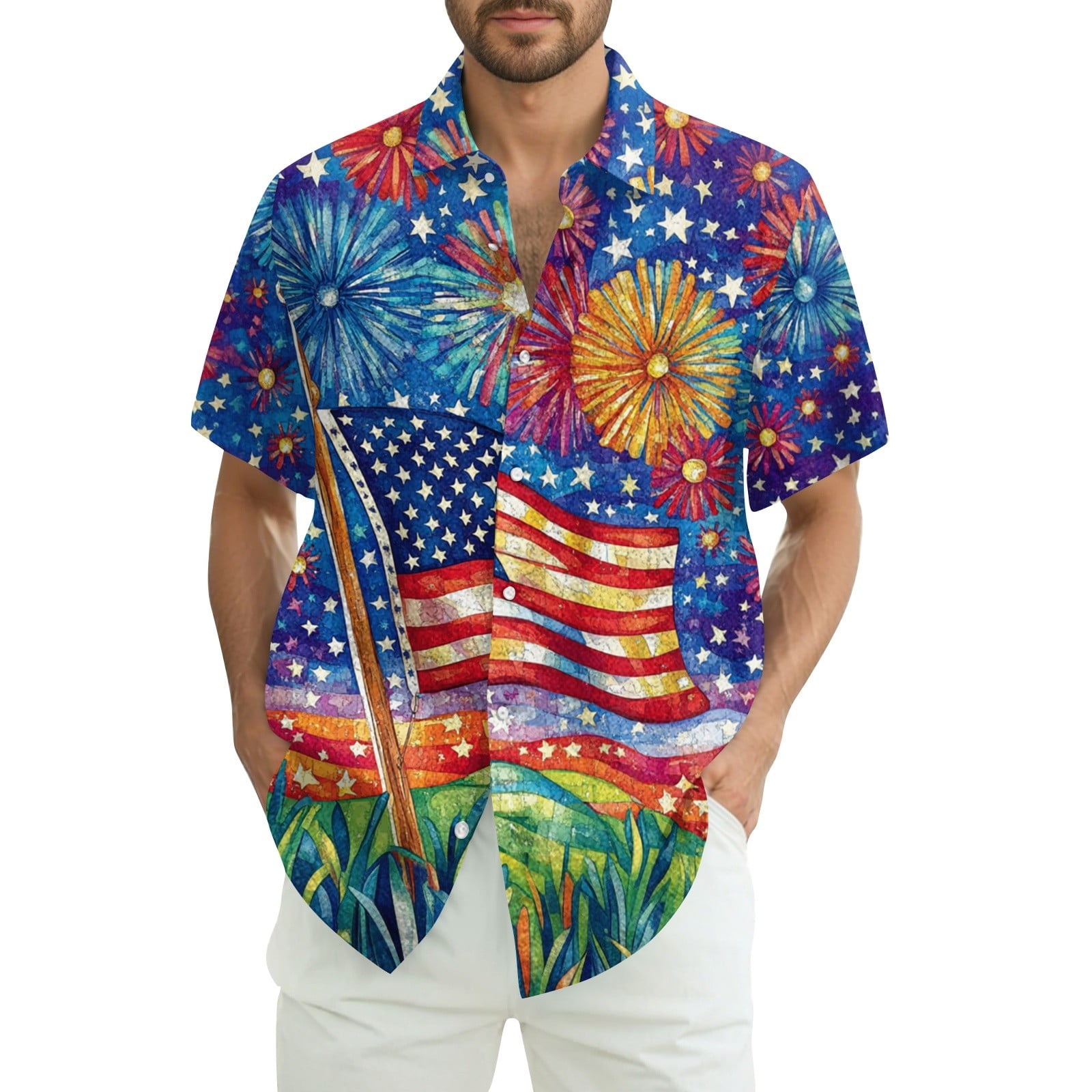 Xyxonk Men's Hawaiian T-Shirts Short Sleeve Button-Down 4th Of July ...