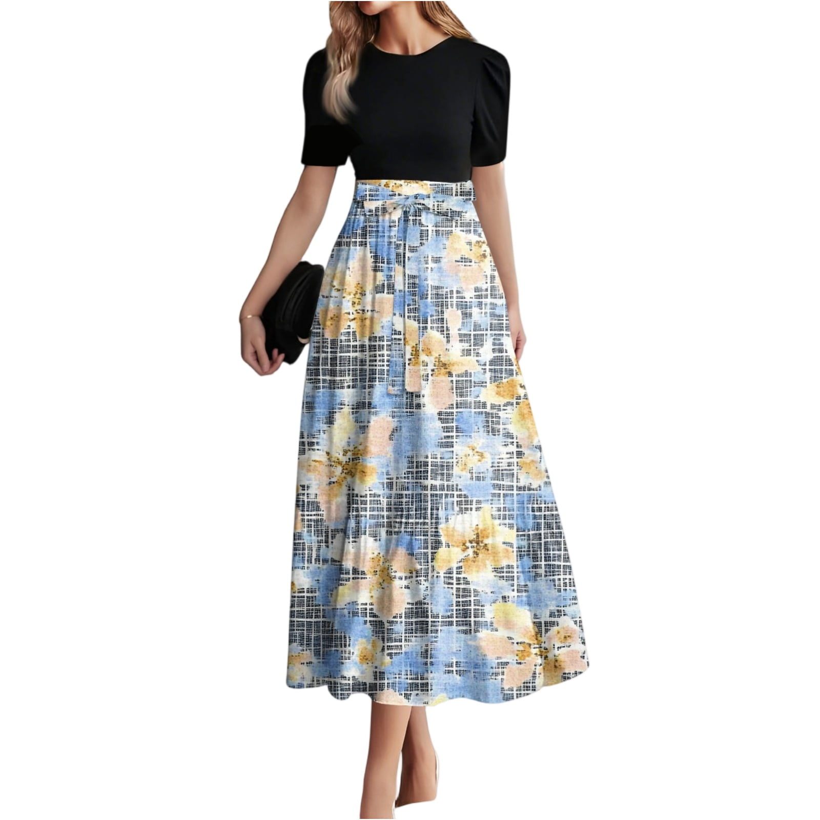 Xyxonk Summer Dresses for Women's Floral Printed Belt Dresses 2025 Trendy Crew Neck Short Sleeve ...