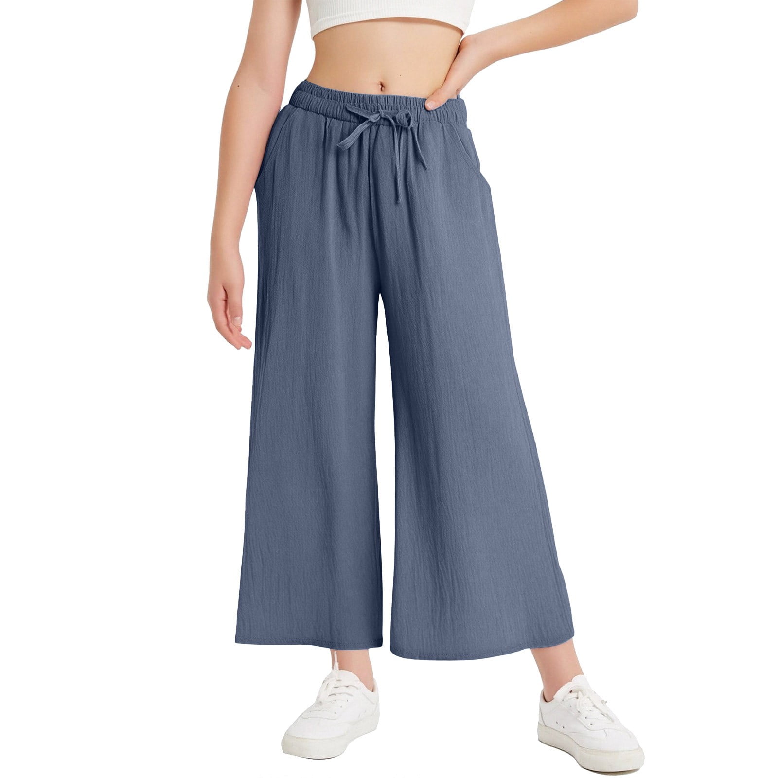 Xyxonk Teen Girls Casual Cotton Linen Pants Flowy Straight Palazzo ...