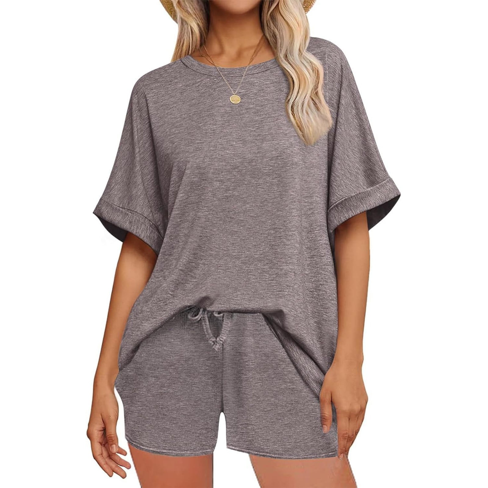 Xyxonk Two Piece Set for Women Short Sleeve Drawstring Oversized Shirts ...