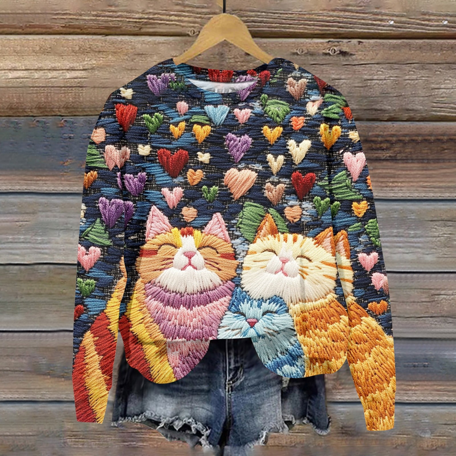 Xyxonk Valentine's Day Sweater for Women Vintage Cute Cat Printed Romantic Love Graphic Holiday ...