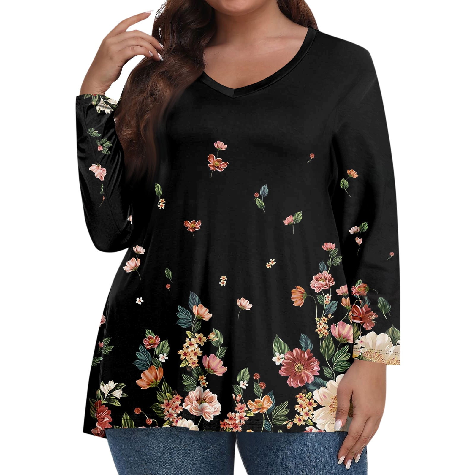 Xyxonk Women Plus Size Tops 4x-5x Fall V Neck T Shirts Floral Print T-Shirt Long Sleeve Blouses ...
