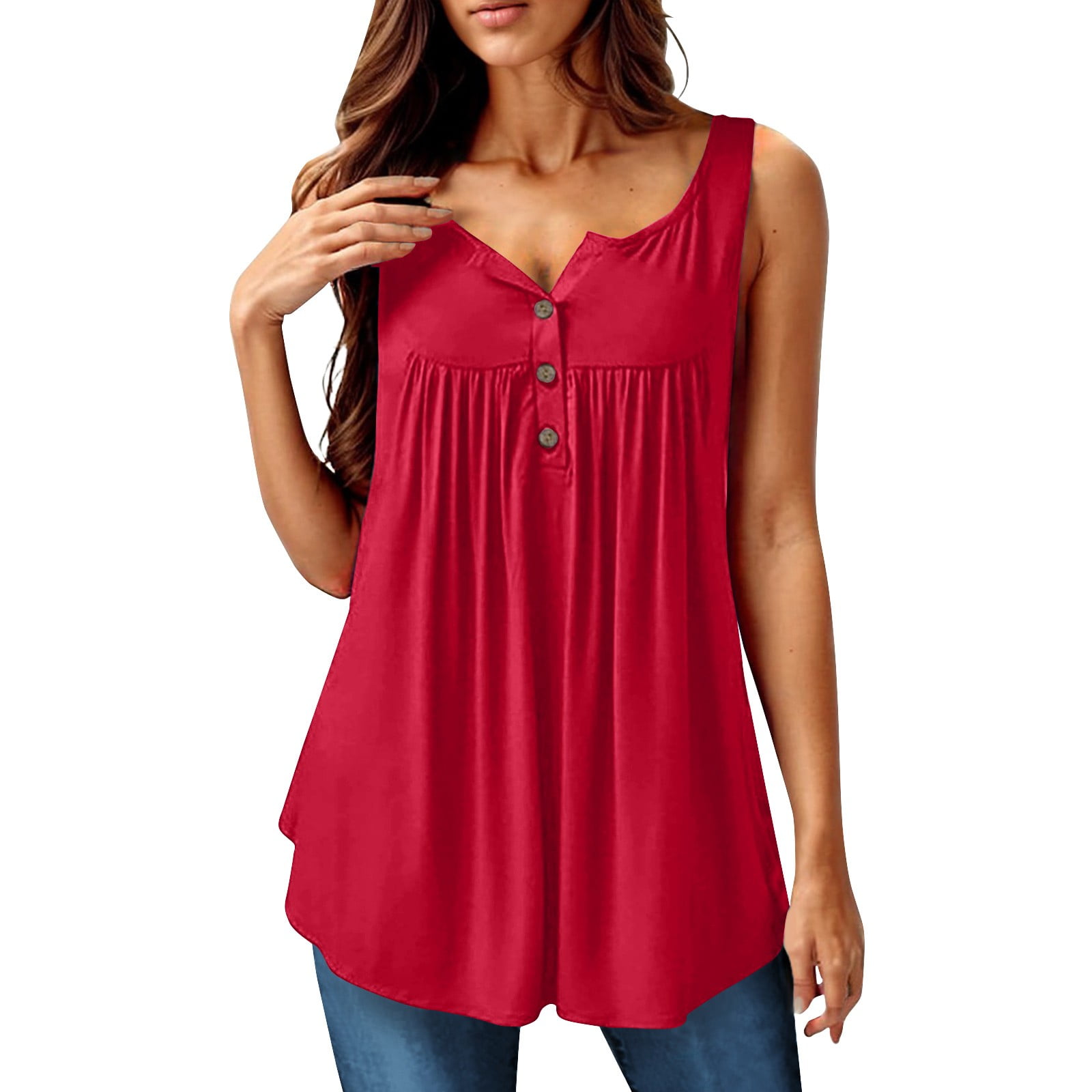 Xyxonk Women Tops Plus Size V Neck Sleeveless Tunic Tops Blouses Casual Flowy Pleated Solid ...