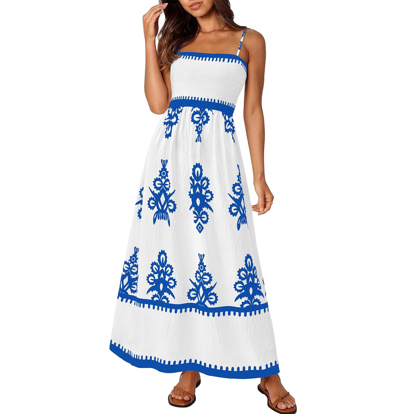 Xyxonk Women's Summer Boho Long Dresses Floral Printed Spaghetti Strap ...