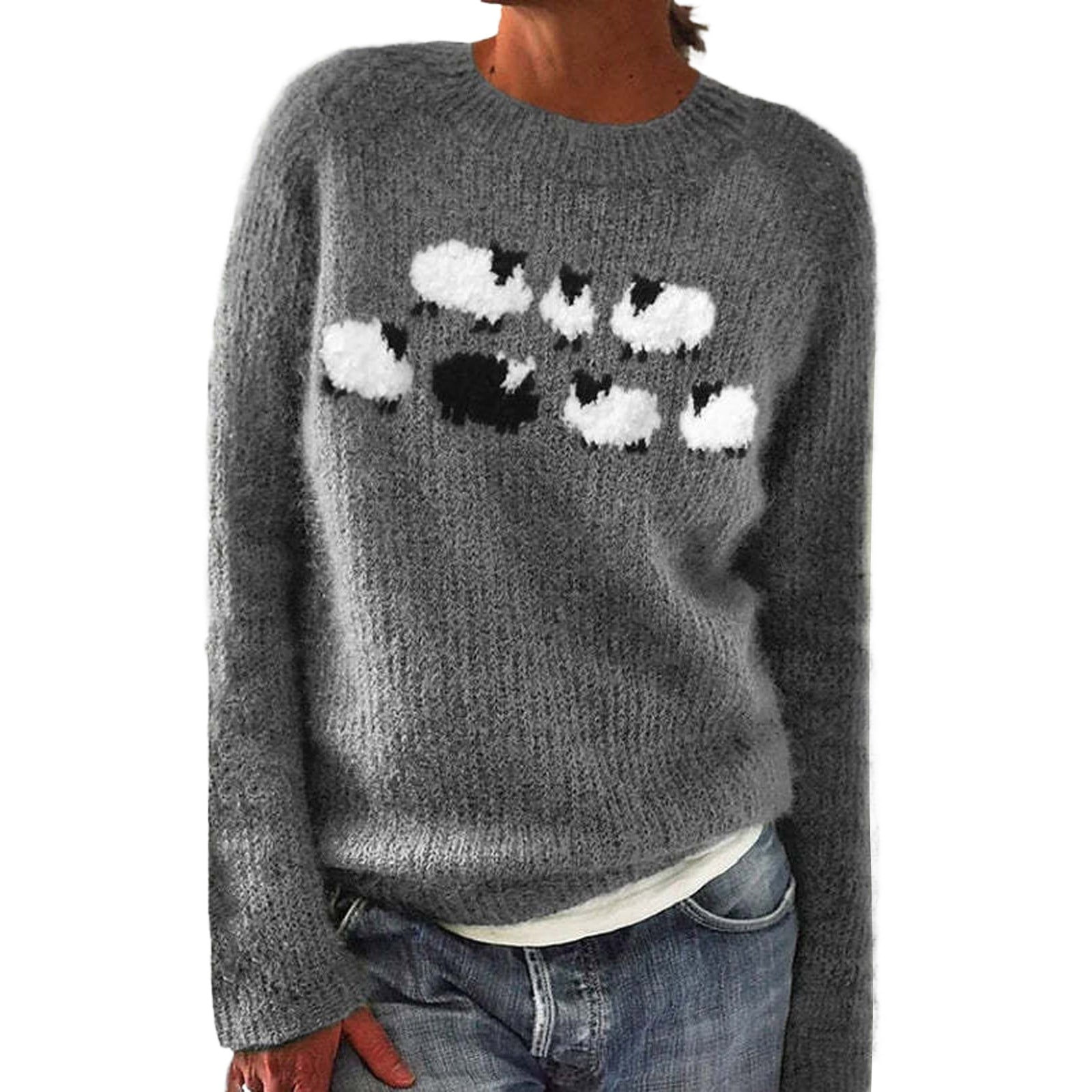 Xyxonk Women's Sweaters Cute Sheep Print Colorblock Sweaters Long ...