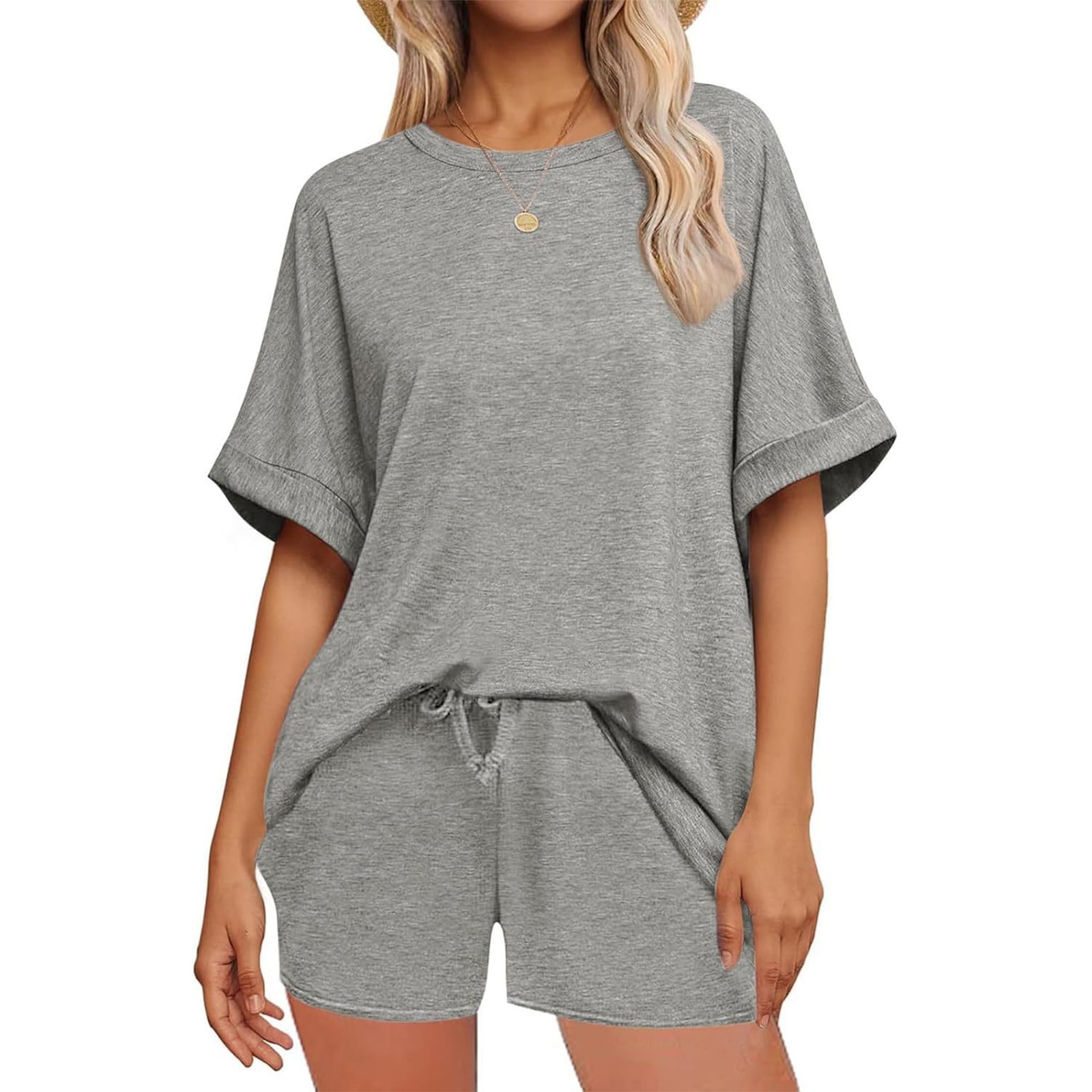 Xyxonk Women's Two Piece Outfits Short Sleeve Drawstring Oversized ...