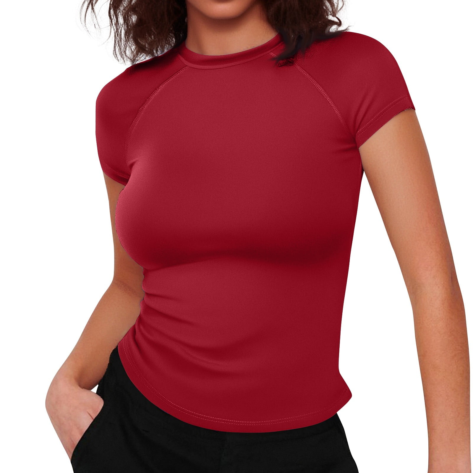 Xyxonk Womens Crop Tops Stretchy Ribbed Short Sleeve Shirts Compression ...