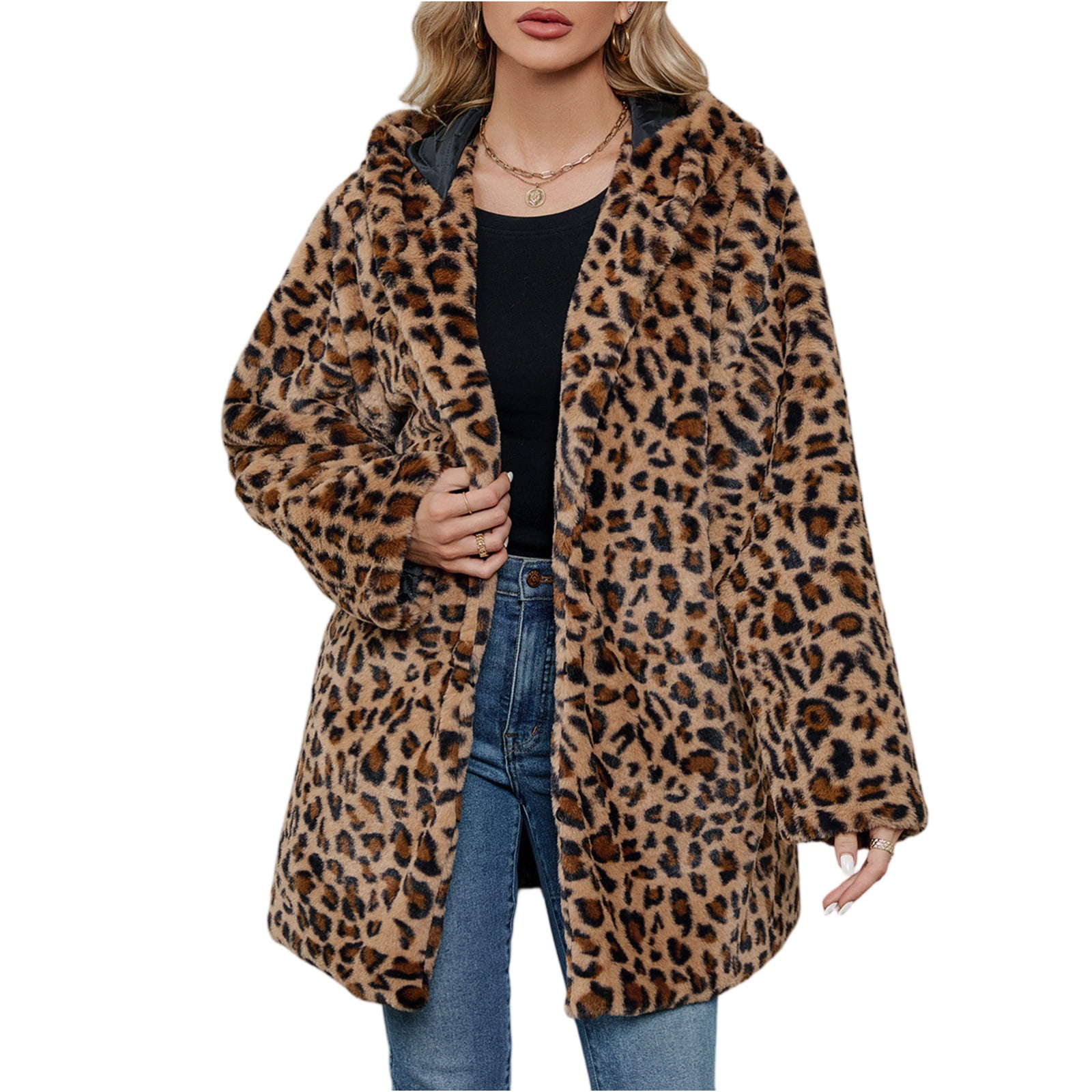 Xyxonk Womens Long Faux Fur Coats Leopard Fuzzy Fleece Jackets Open ...