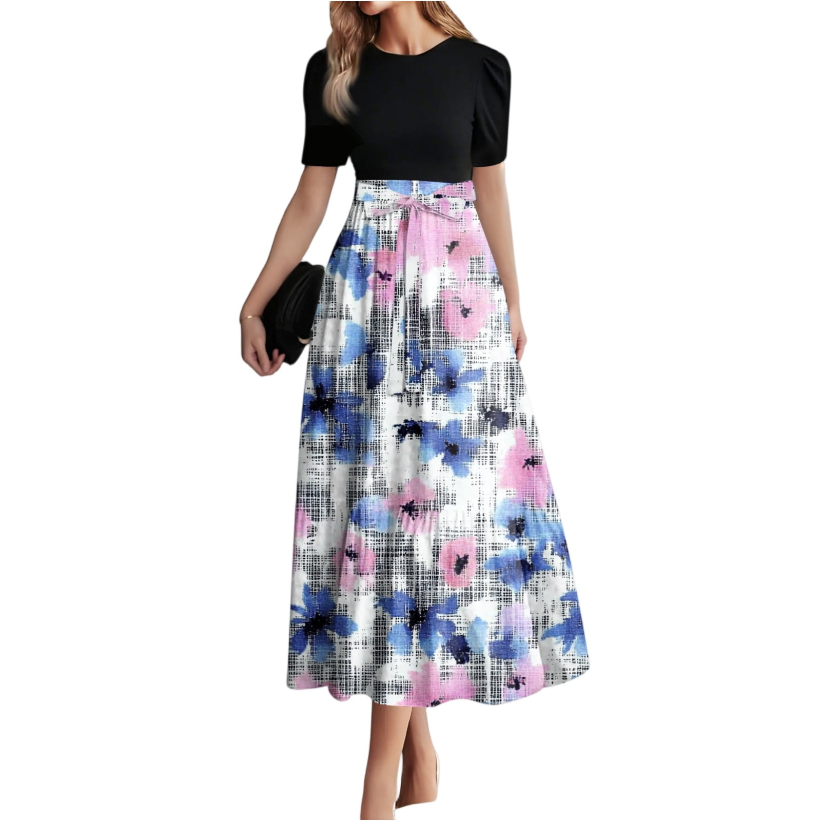 Xyxonk Womens Maxi Dresses Floral Printed Belt Dress Elegant Bohemian ...