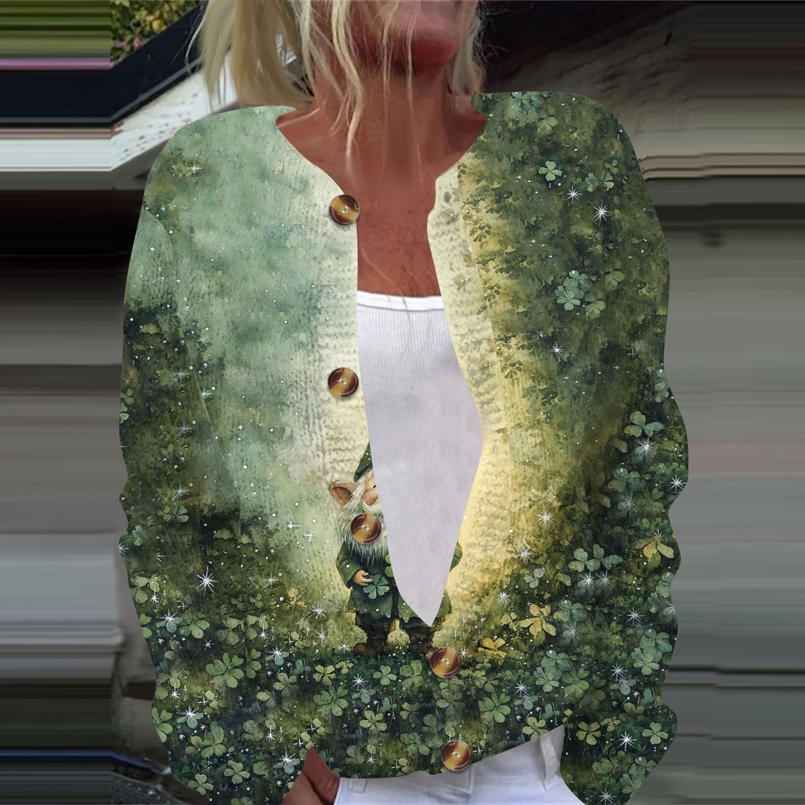 Xyxonk Womens St. Patrick's Day Cardigan Sweaters Trendy Open Front Cute Shamrock Print Button ...