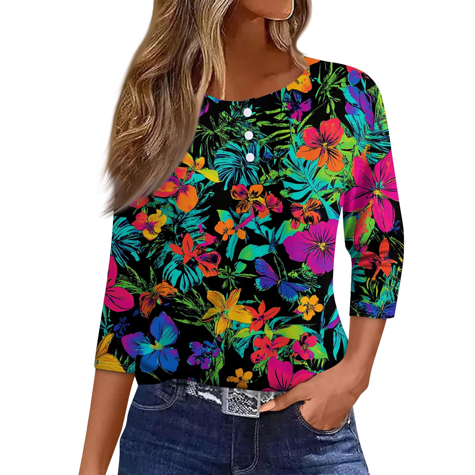 Xyxonk Womens Summer Hawaiian Tops Round Neck Button Floral Tropic ...