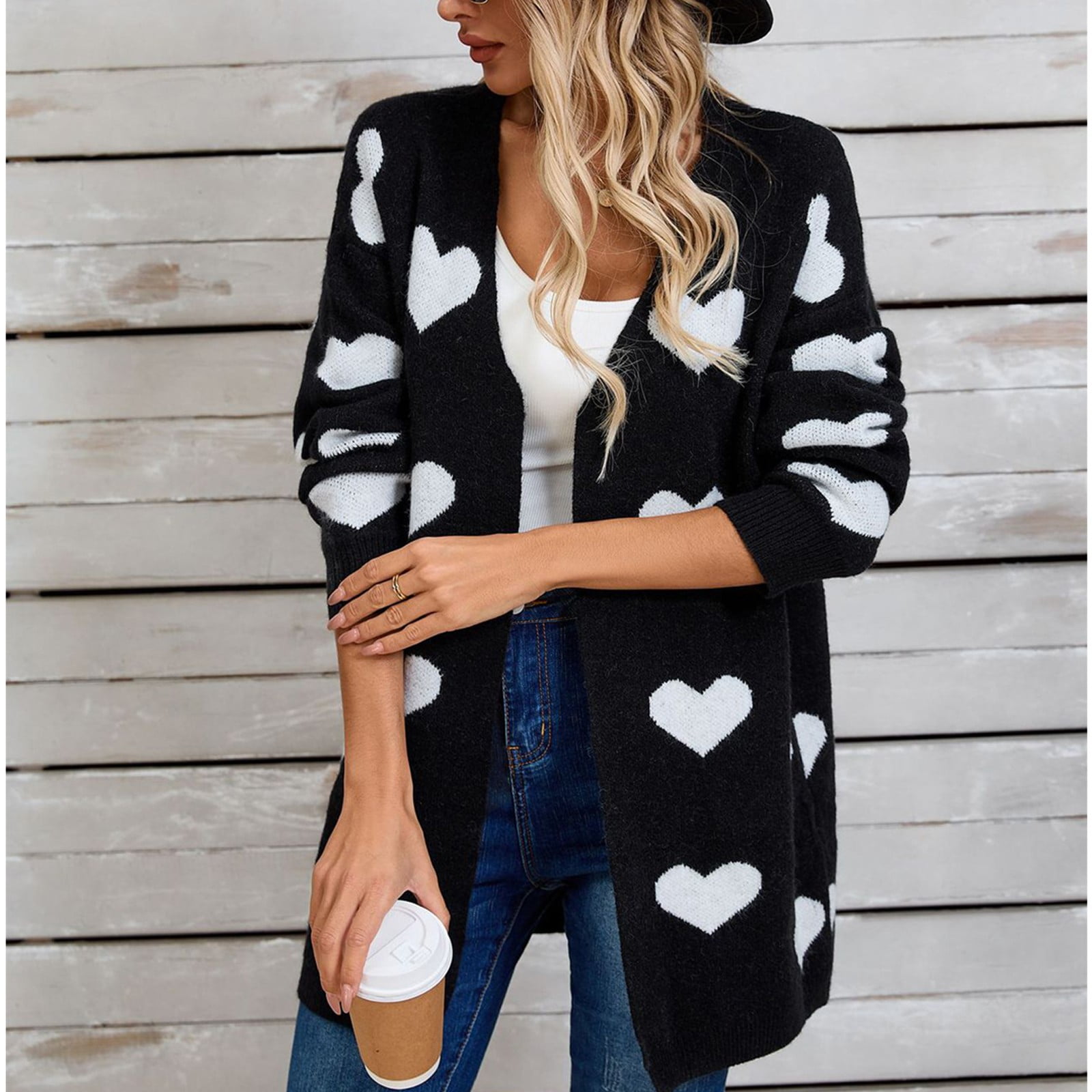 Xyxonk Womens Valentine's Day Cardigan Sweaters Plus Size Open Front Cute Romantic Love Heart ...