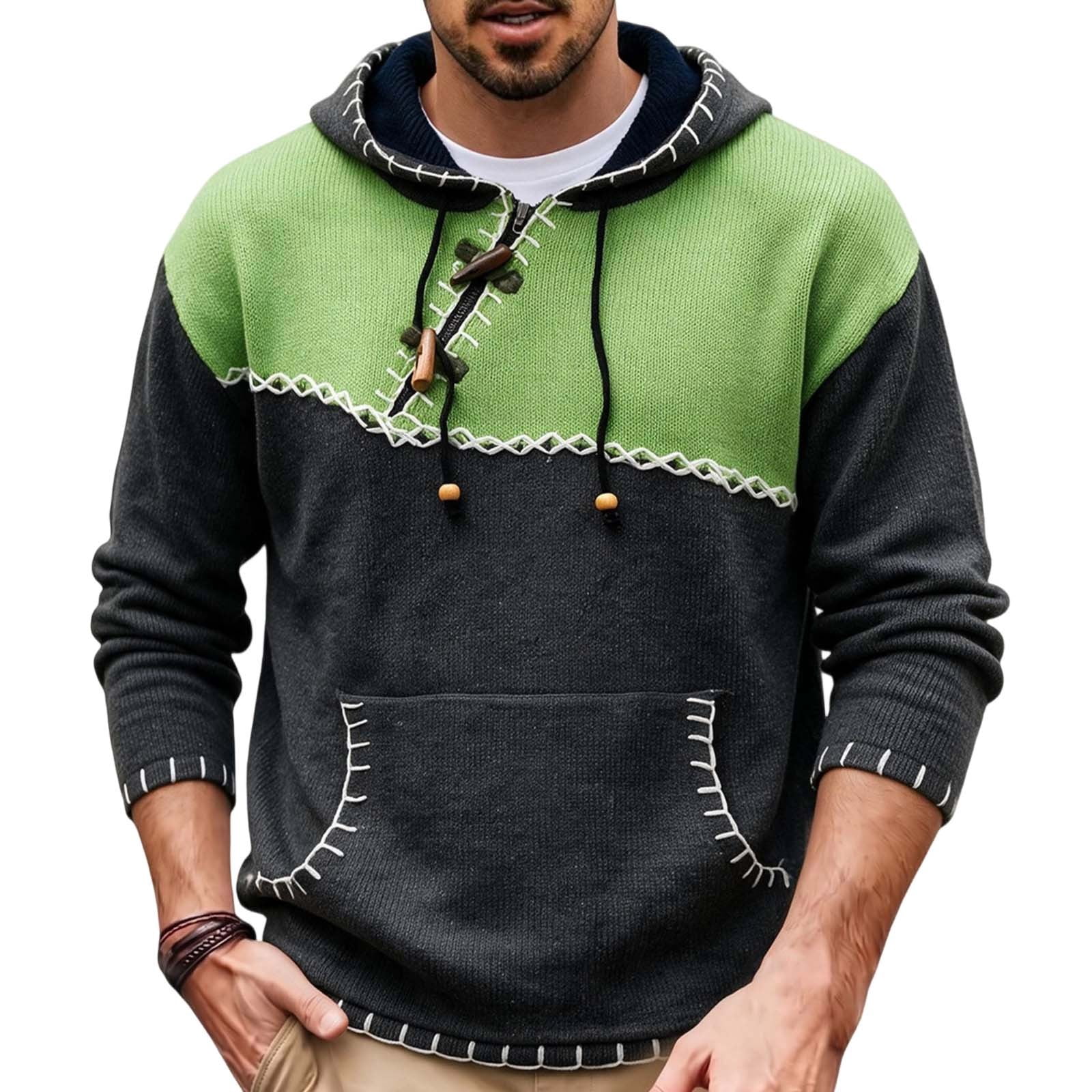 Xzbqbs Hooded Knit Sweater for Men Toggle Button Half Zip Contrast ...