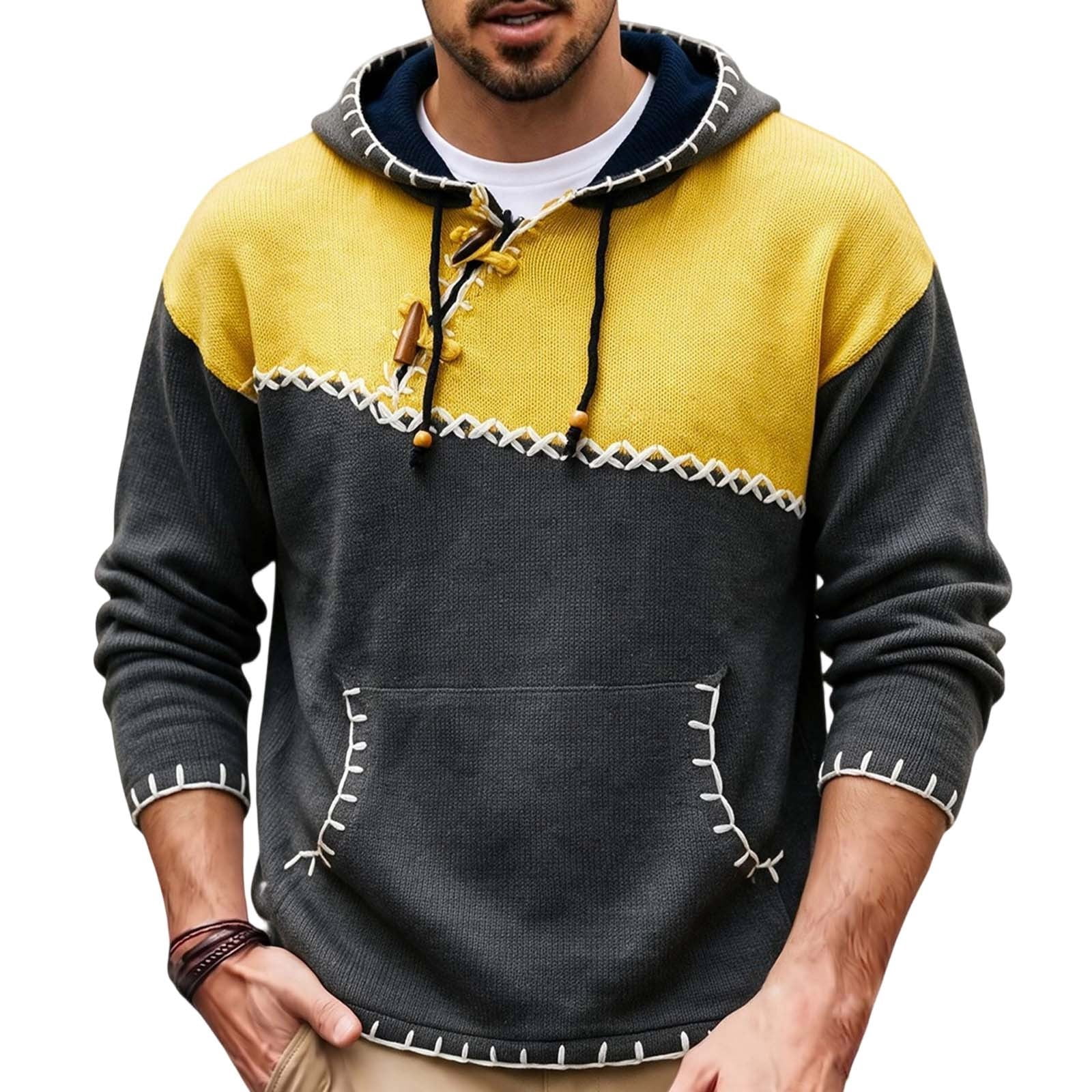Xzbqbs Hooded Knit Sweater for Men Toggle Button Half Zip Contrast ...