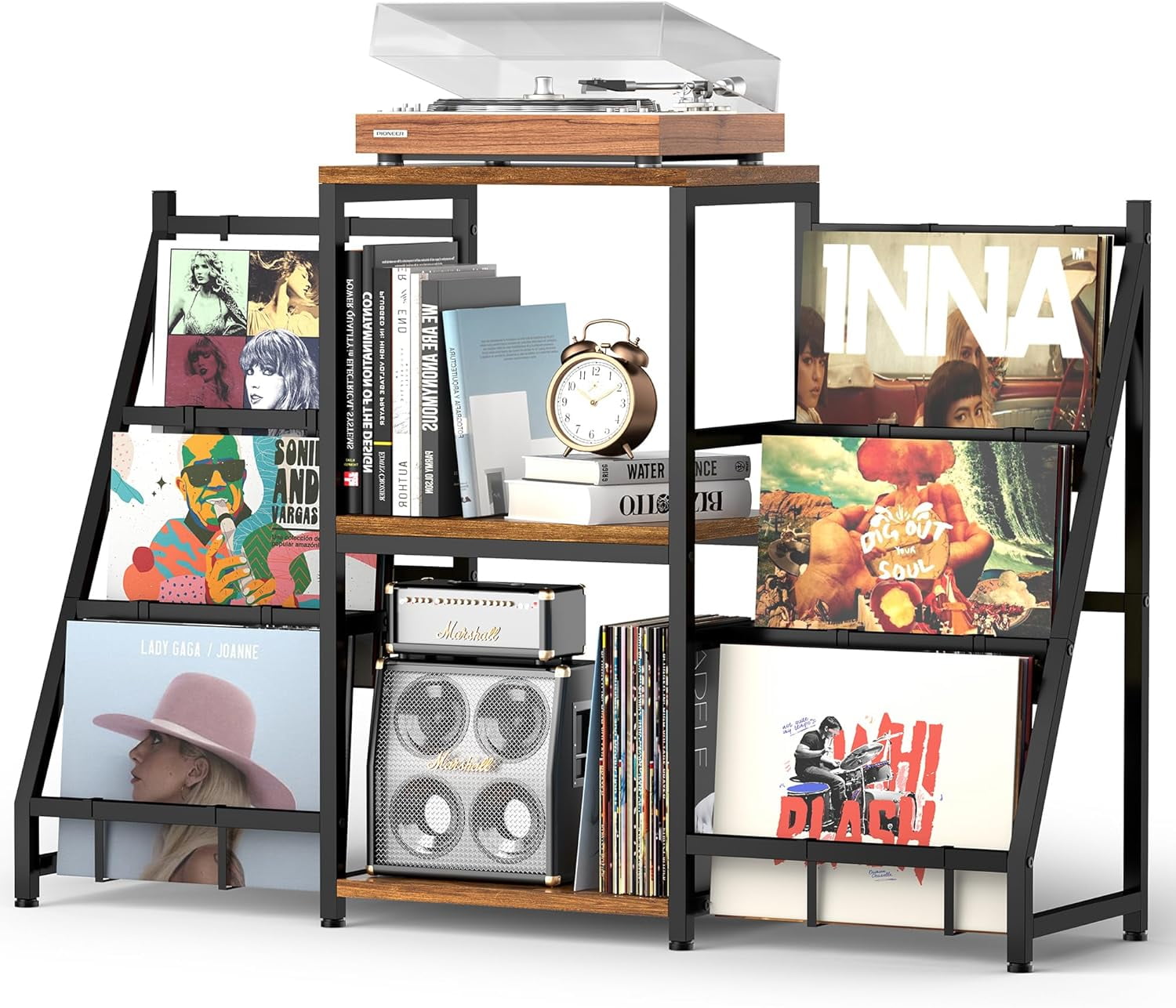 Y&M Record Player Stand with Vinyl Storage, Vinyl Record Shelf Holds Up ...