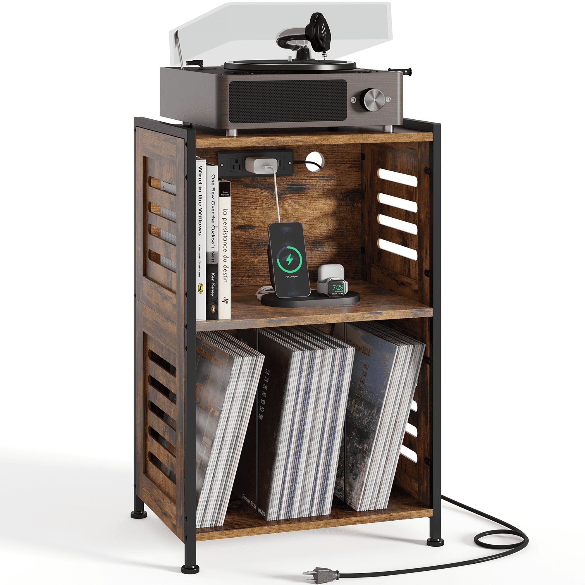 Y&M Record Player Stand with USB Charging, Storage Cabinet, Small ...