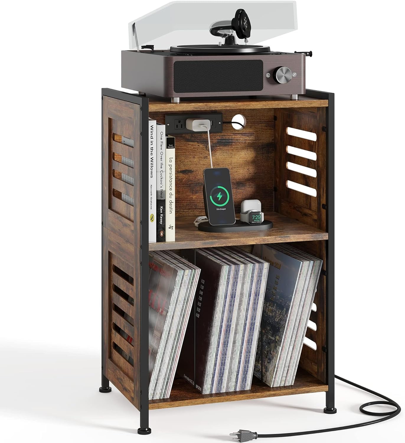 Y&M Record Player Stand, Vinyl Turntable Stand with Charging Station ...
